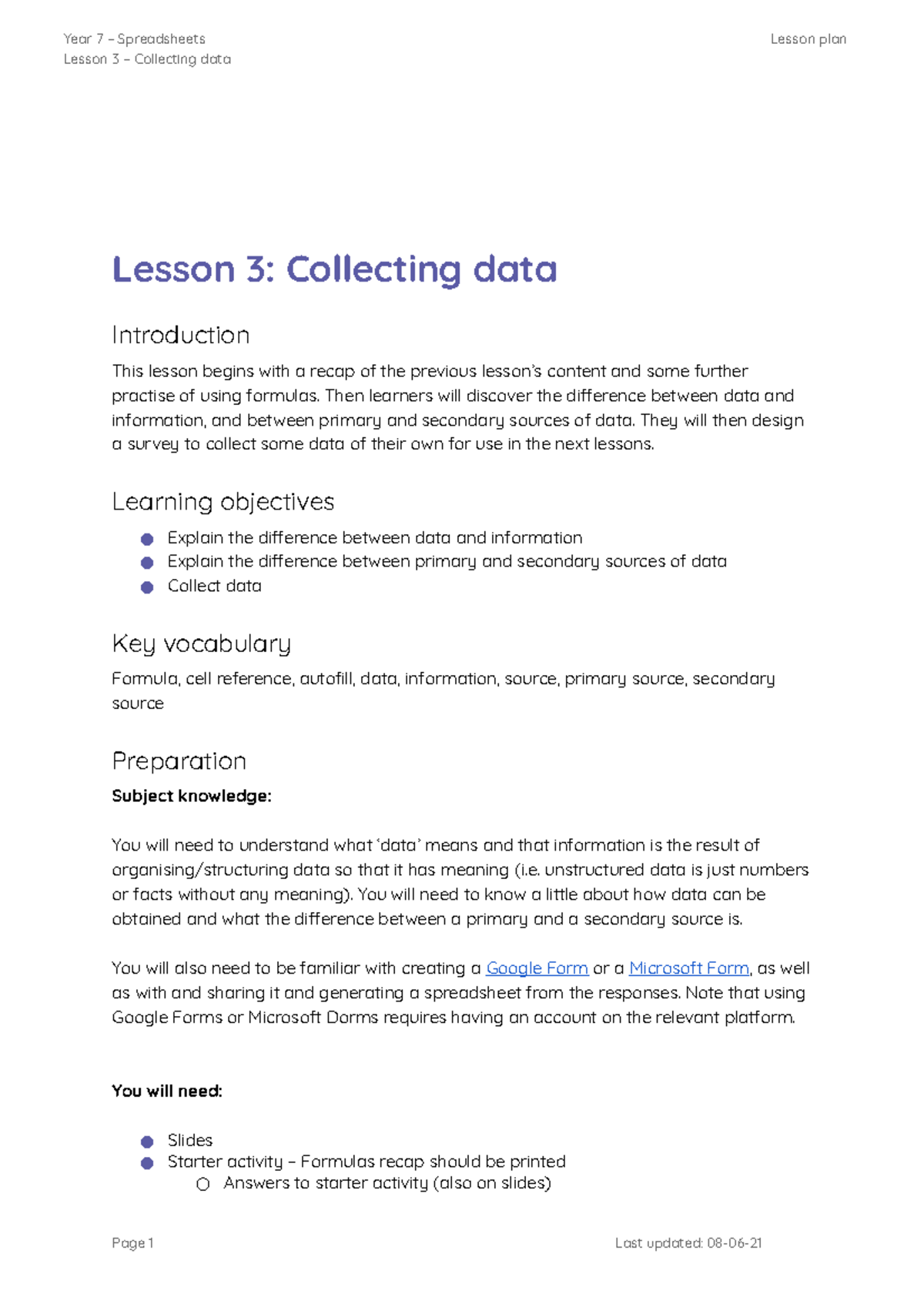 Lesson Plan - Modelling Data - Spreadsheets - Collecting data - Lesson ...