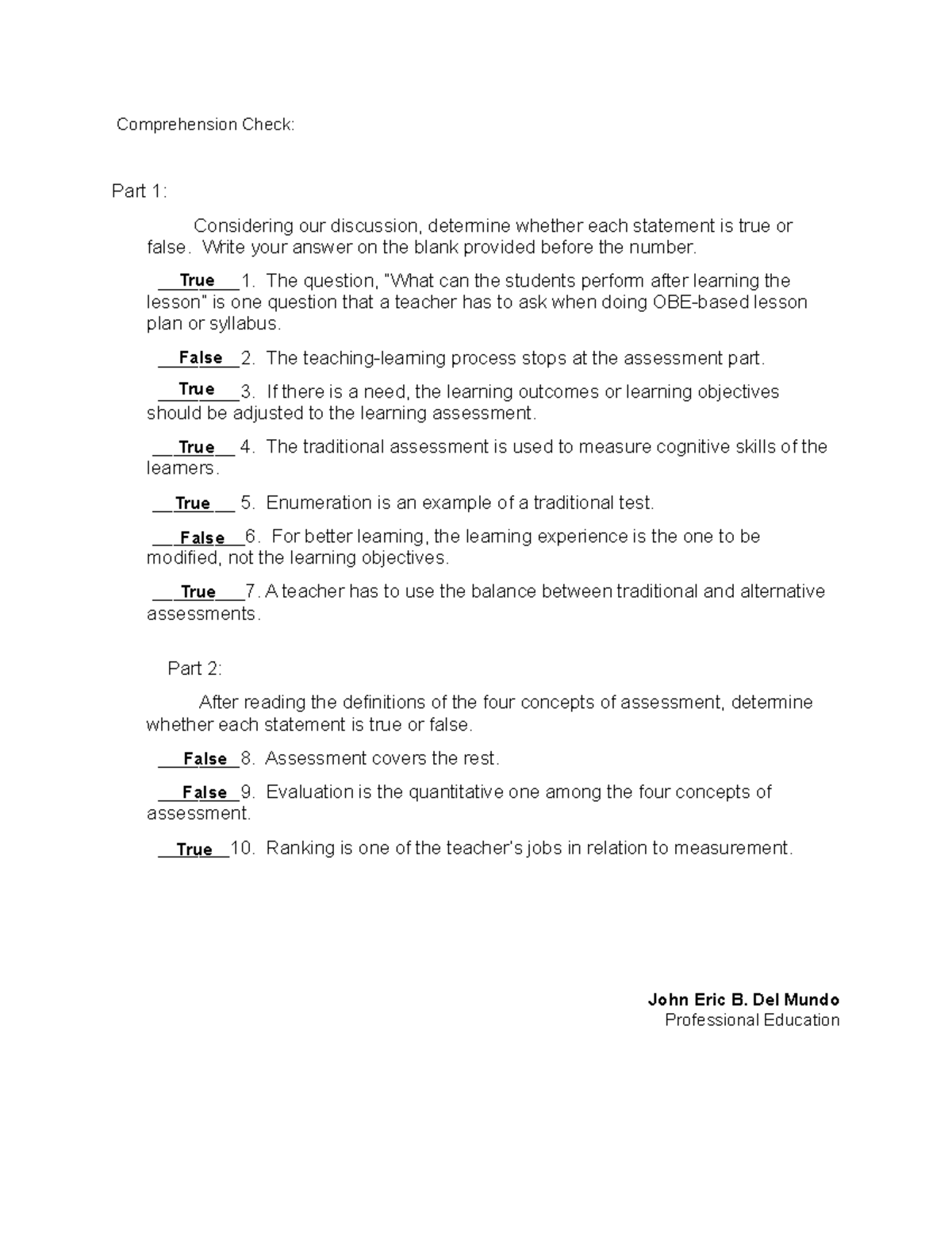 Comprehension Check - For self study - Comprehension Check: Part 1 ...
