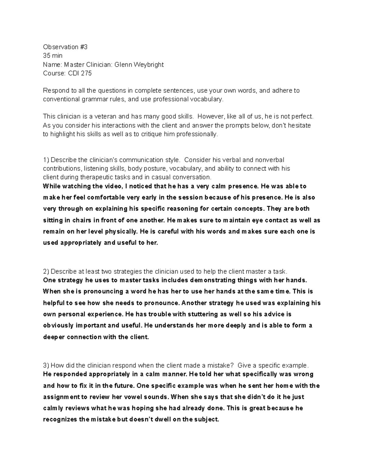 Observation #3 - third - Observation # 35 min Name: Master Clinician ...