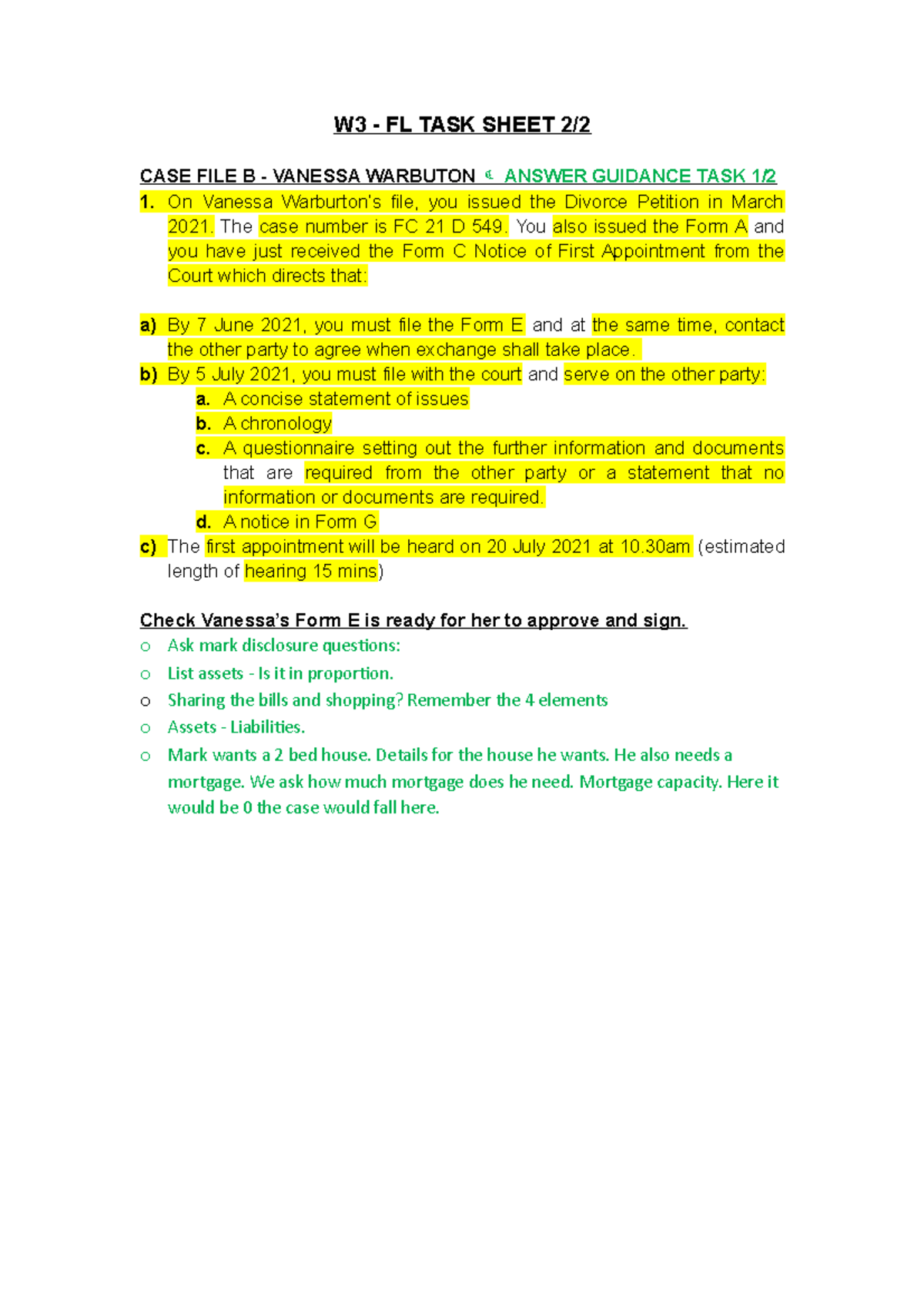First Appointment, FORM C:E - W3 - FL TASK SHEET 2/ CASE FILE B - VANESSA WARBUTON ANSWER ...