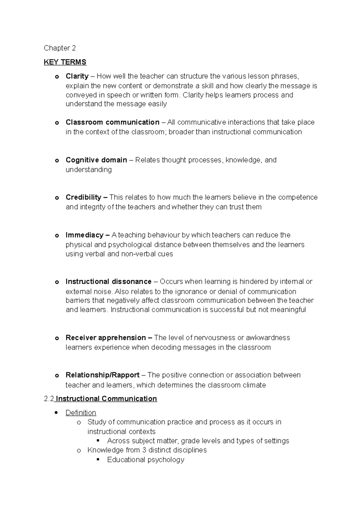 Chapter 2 - Chapter 2 KEY TERMS o Clarity – How well the teacher can ...