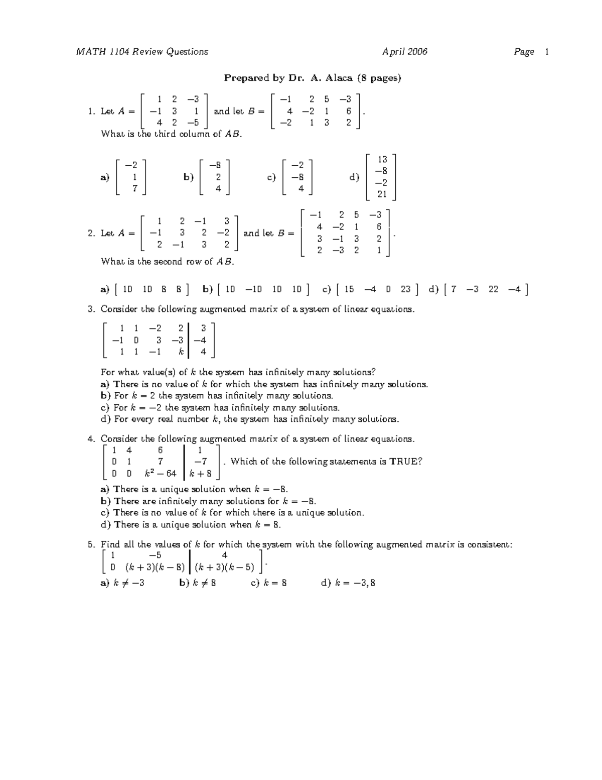 Sample/practice exam April 2006, questions and answers - MATH 1104 ...