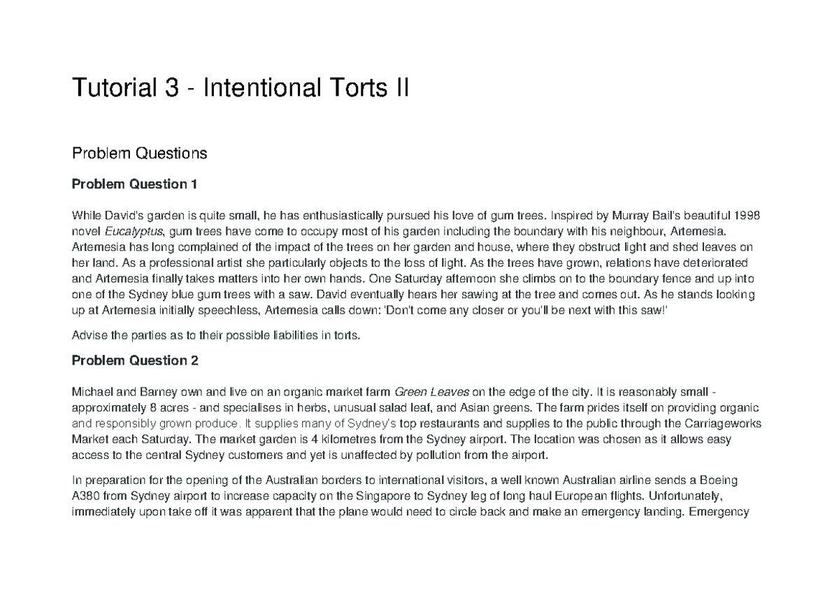 Tutorial 3 - Tutorial 3 - Intentional Torts II Problem Questions Problem Question 1 While David ...