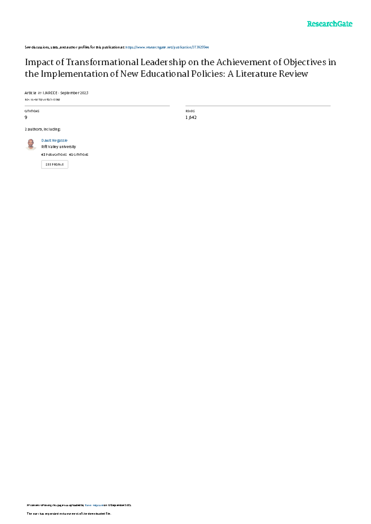 Impact of Transformational Leadership on the Achievement of Objectives - See discussions, stats ...