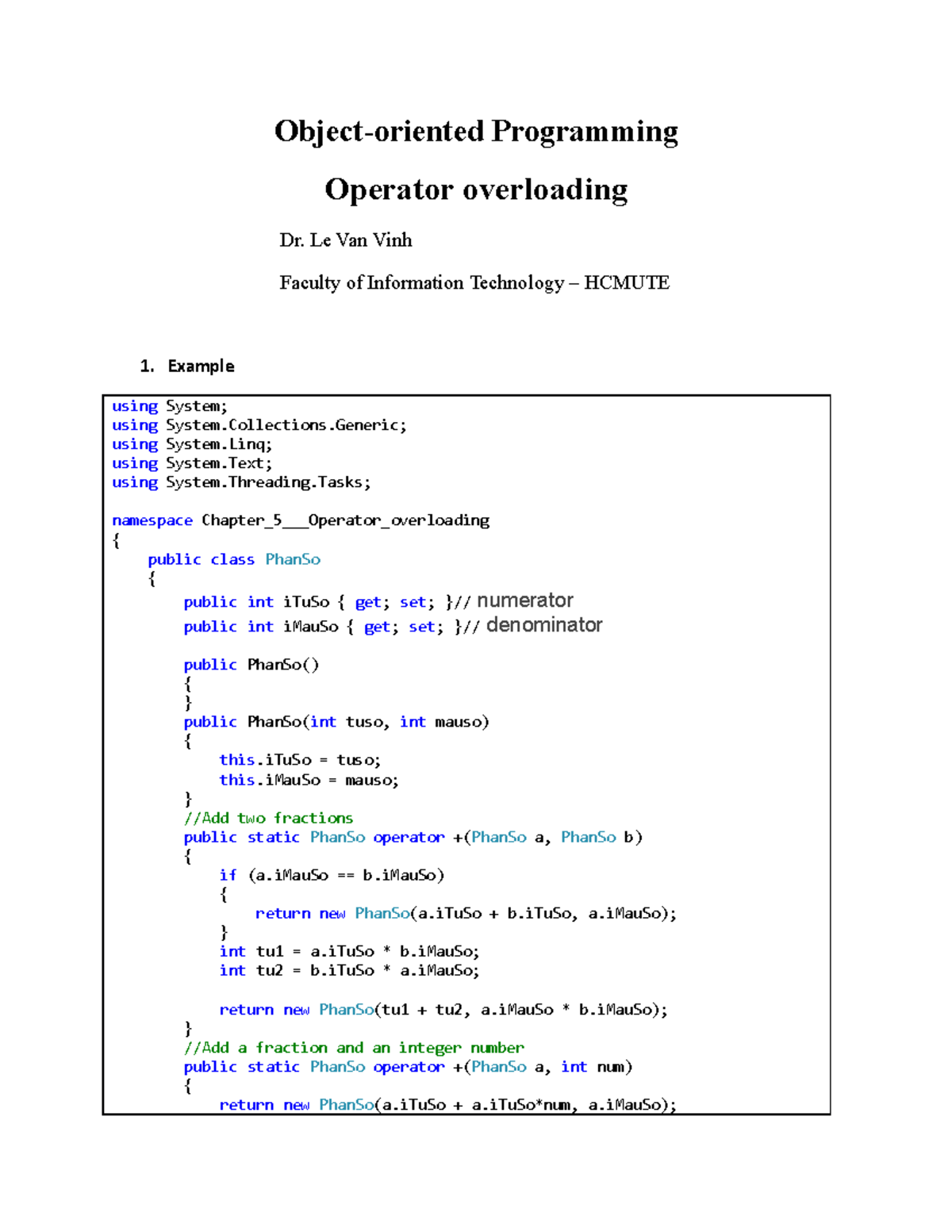 Chapter 5 - Operator Overloading - English - Object-oriented Programming Operator overloading Dr ...
