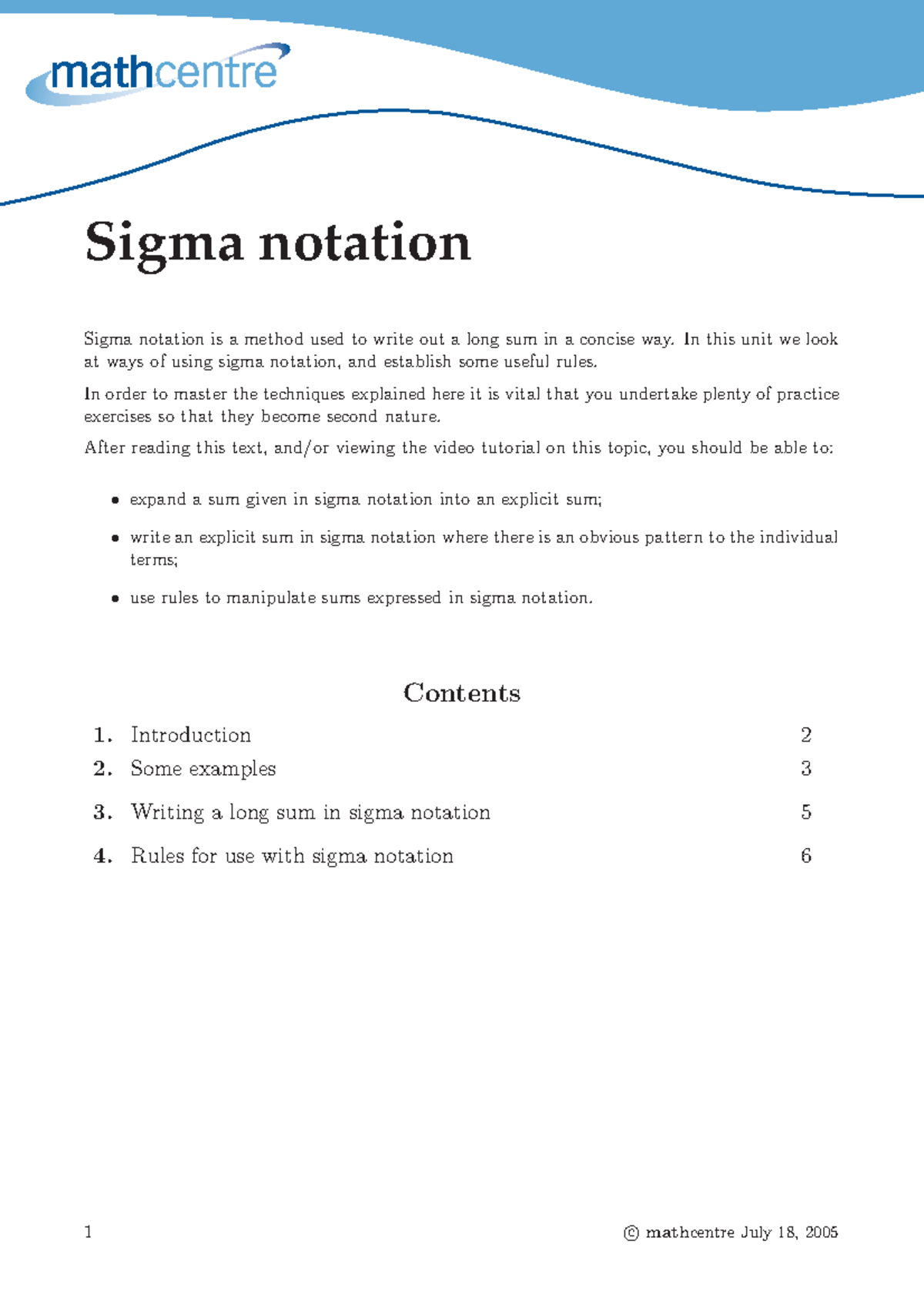 Sigma - In this unit we look at ways of using sigma notation, and ...