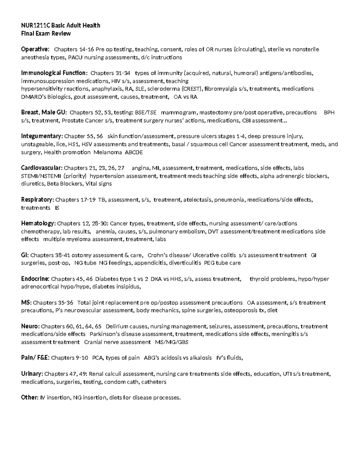 Final Exam Review - Basic adult health - NUR1211C Basic Adult Health ...