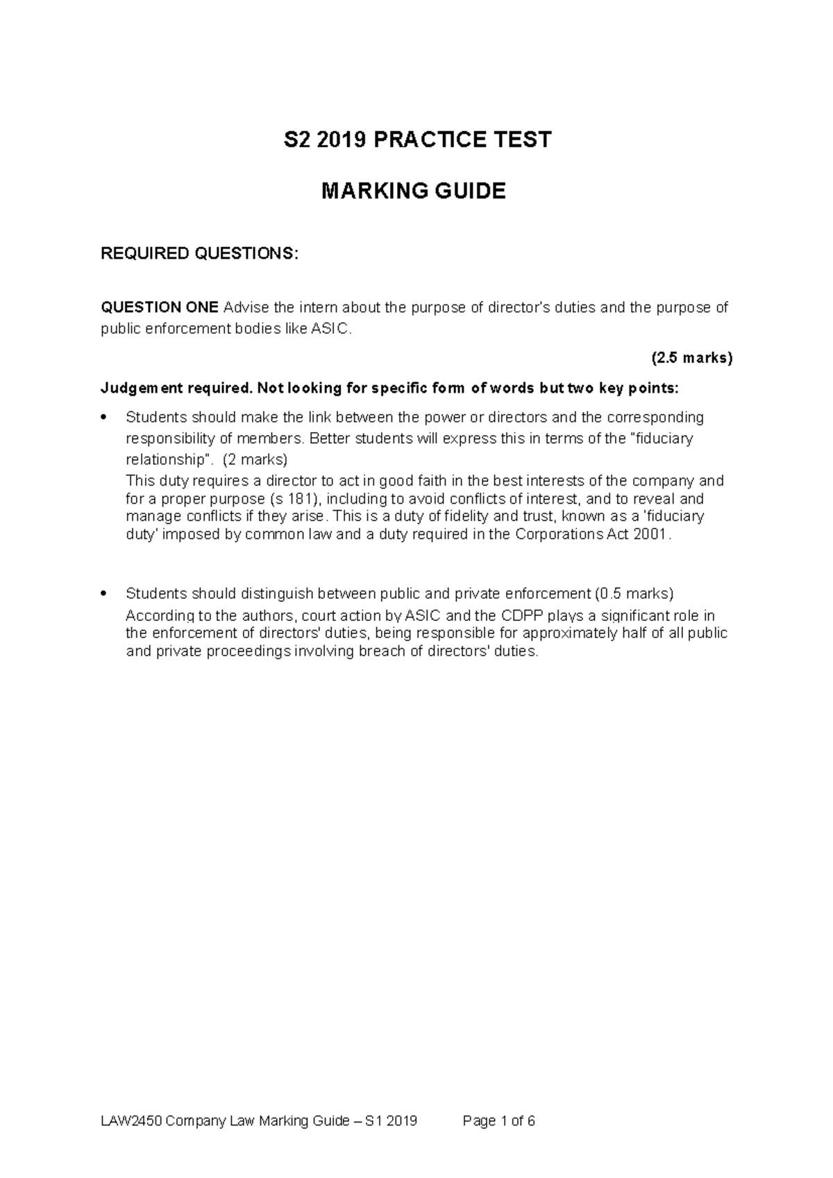 S2 2019 - Practice Test Company Law - Marking Guide - S2 2019 PRACTICE ...