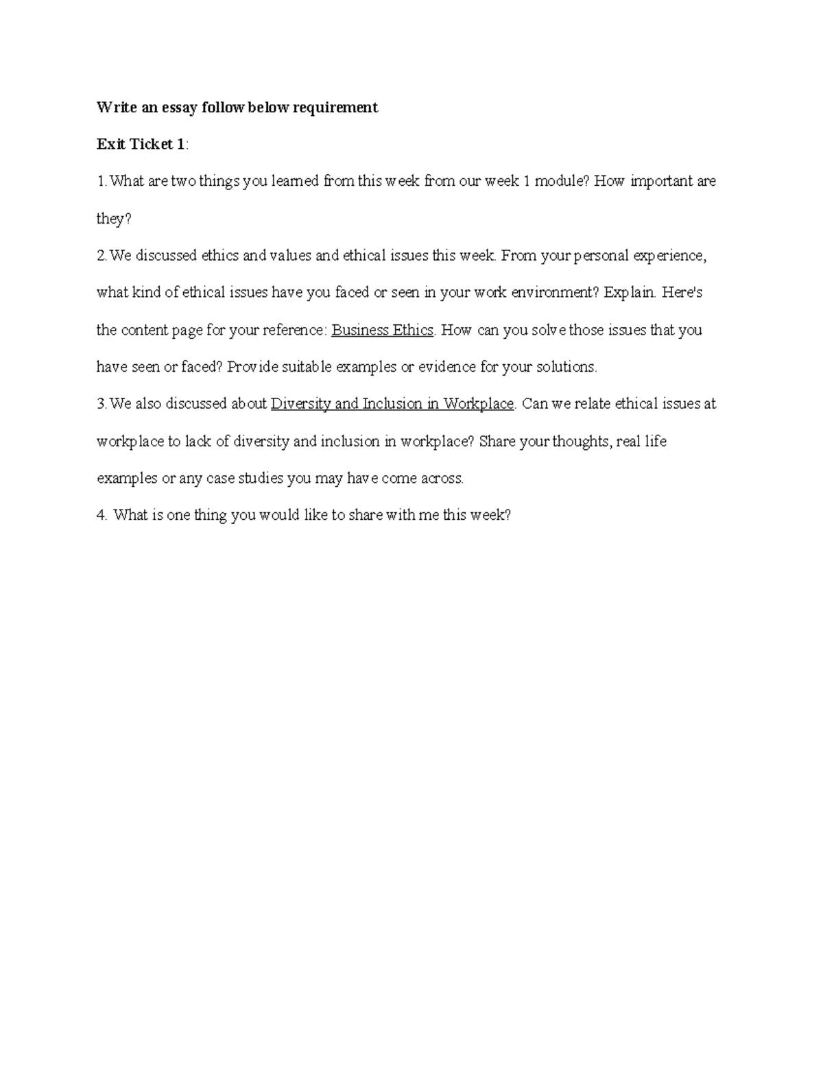 Exit Ticket 1 - Writing an essay - Write an essay follow below ...