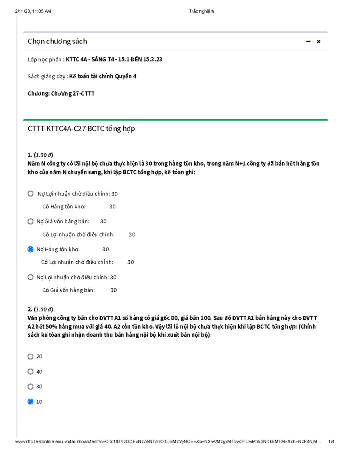 C27 - C27 - Chọn chương sách Lớp học phần : KTTC 4A - SÁNG T4 - 15 ĐẾN 15. Sách giảng dạy : Kế ...