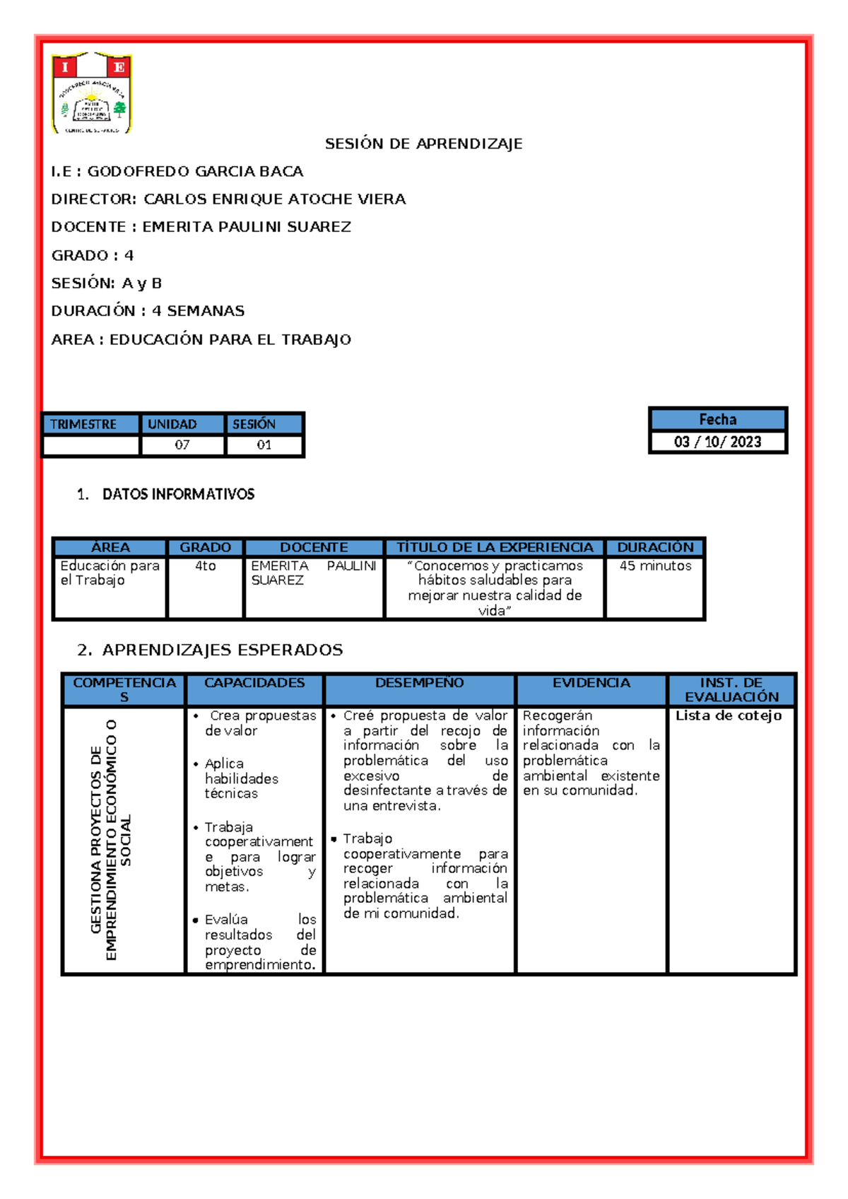 (3Y4) 4 Sesión DE EPT N° 1 - SESIÓN DE APRENDIZAJE I : GODOFREDO GARCIA ...