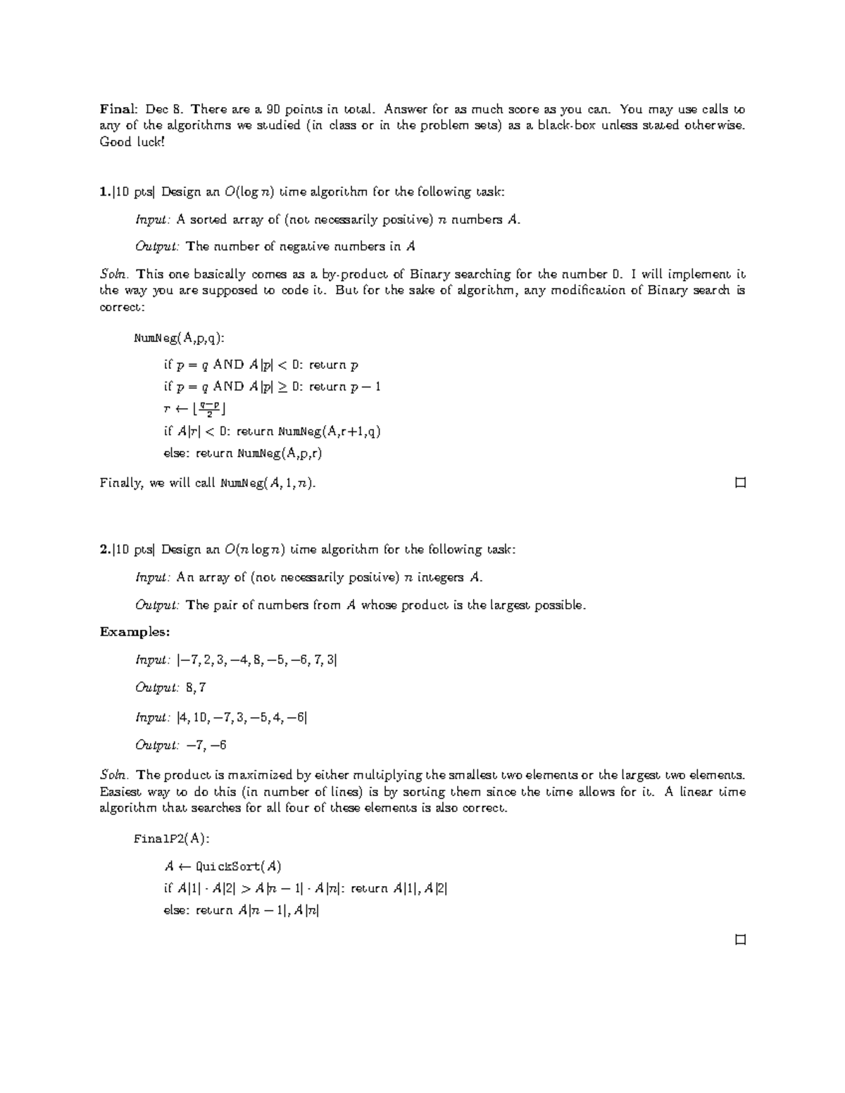 Algo final solns - Final: Dec 8. There are a 90 points in total. Answer ...
