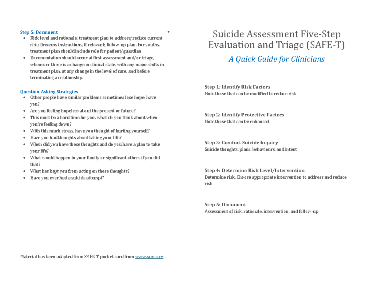 Suicide Assessment Five-Step Evaluation and Triage (SAFE-T) Booklet ...