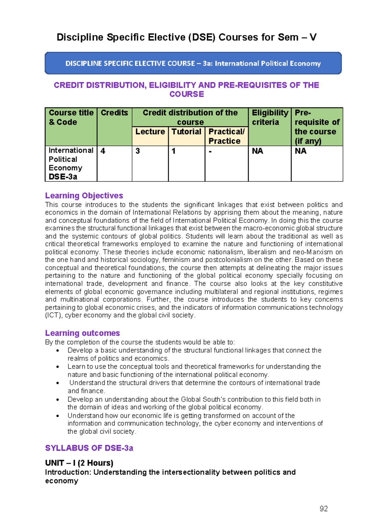 IPE SYLL - syllabus IPE - Discipline Specific Elective (DSE) Courses ...