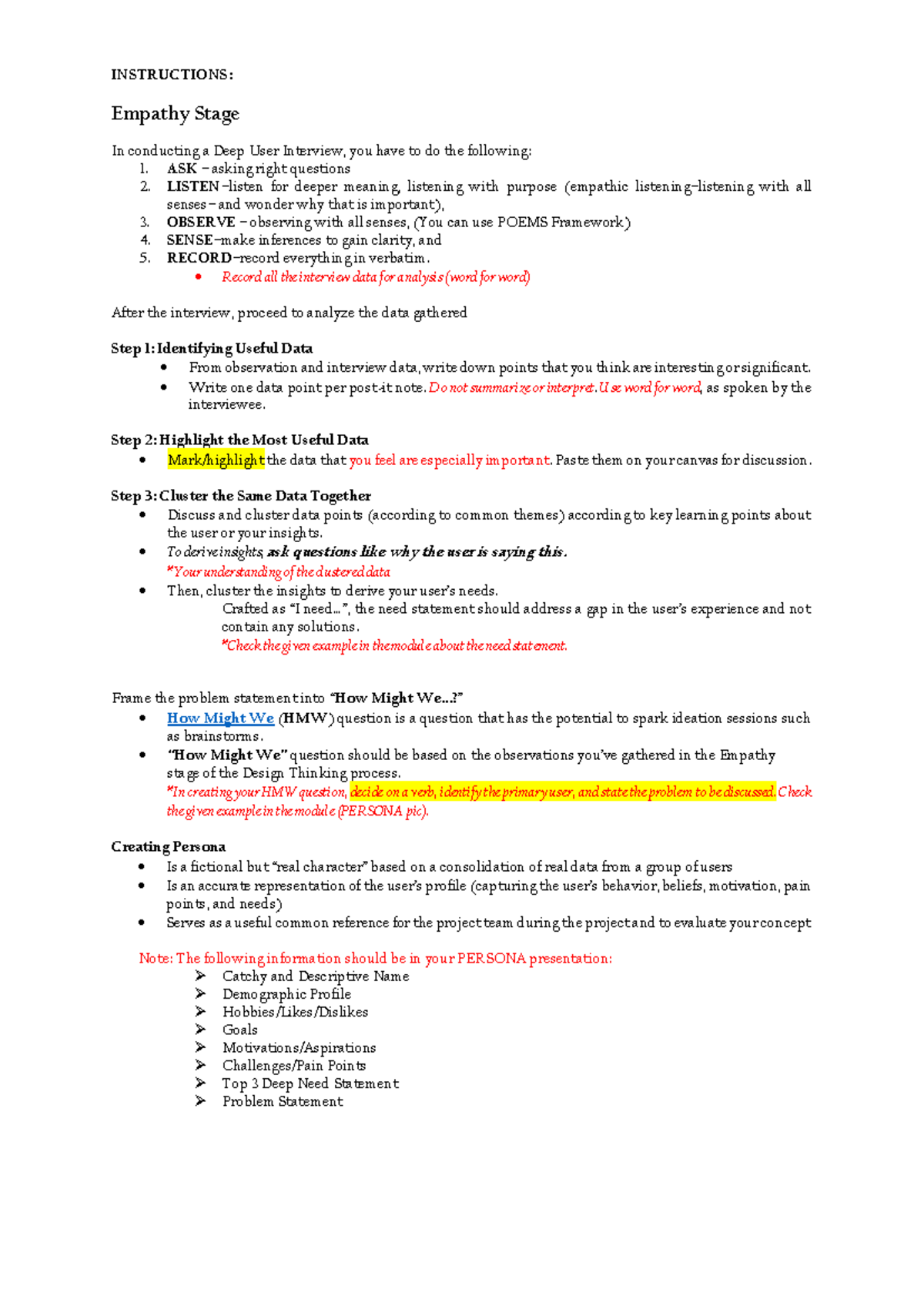 Empathy- Instructions - INSTRUCTIONS: Empathy Stage In conducting a ...