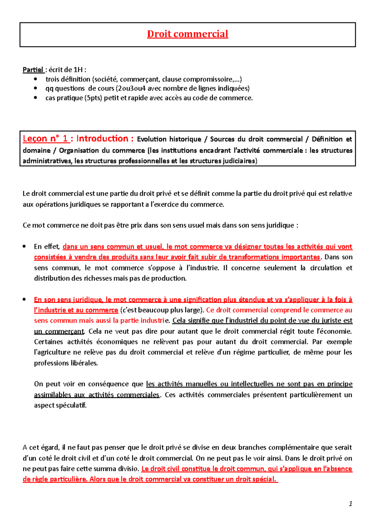 Cours de droit commercial - Droit commercial Partiel : de 1H : trois ...