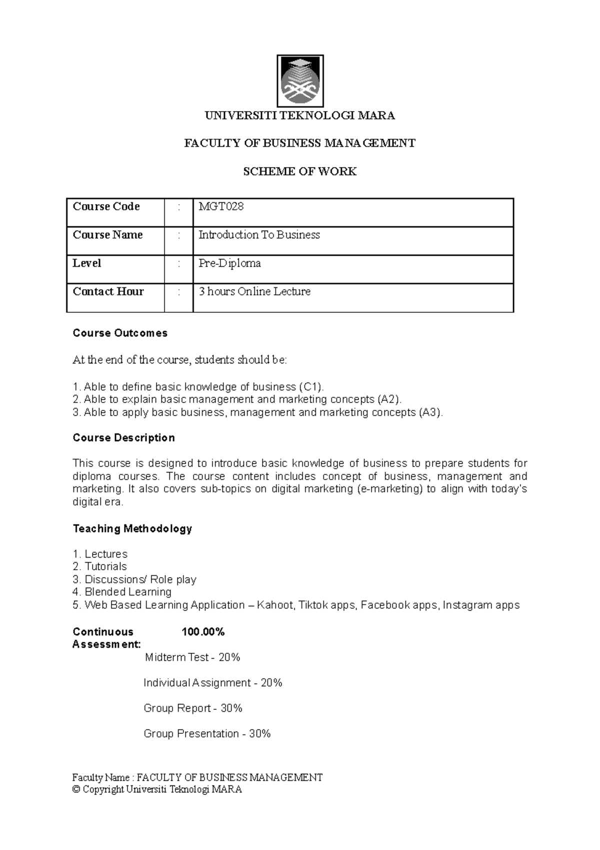 MGT028 Scheme of WORK ( Detail) - UNIVERSITI TEKNOLOGI MARA FACULTY OF ...