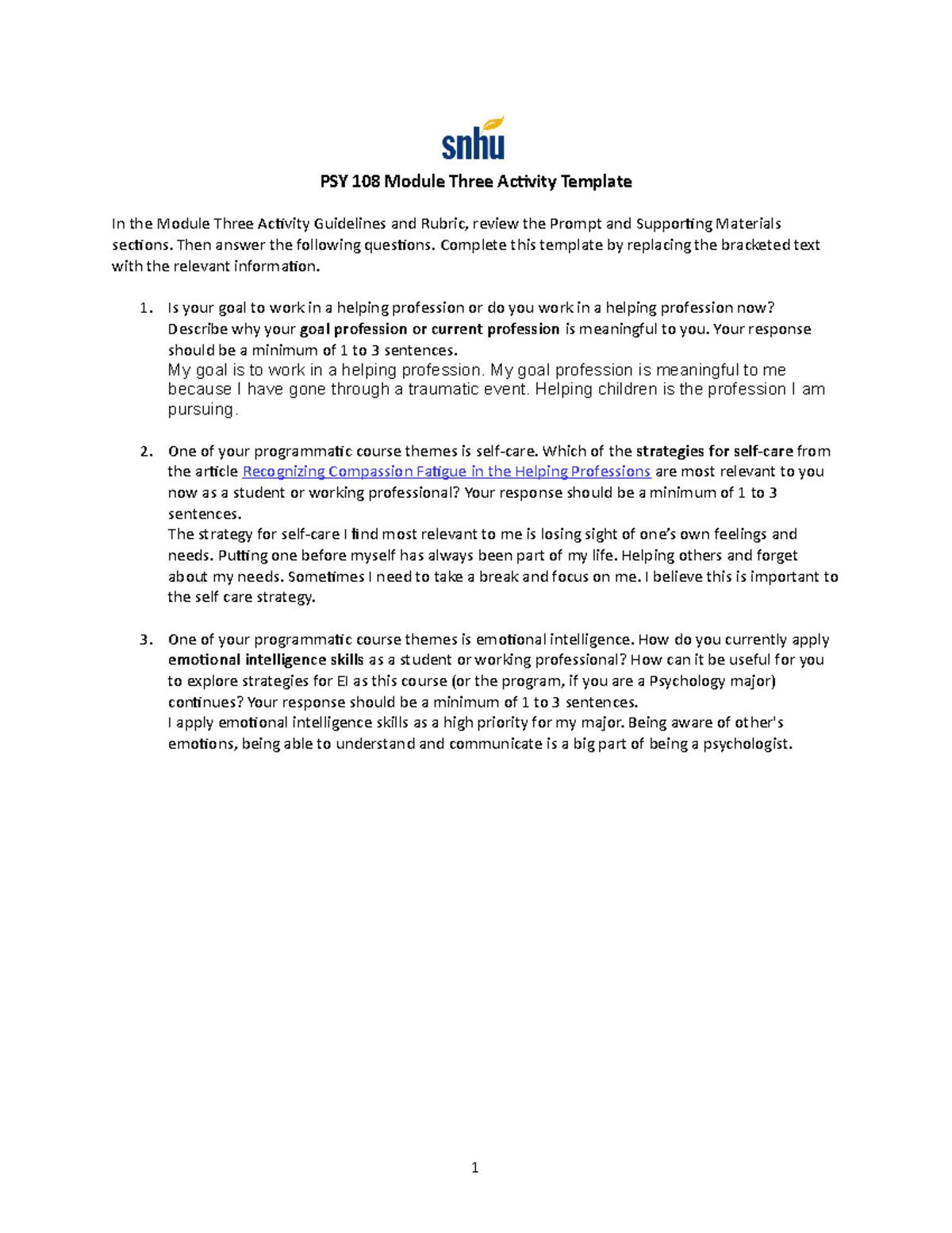 3-2 activity Introduction to Psychology - PSY 108 Module Three Activity ...