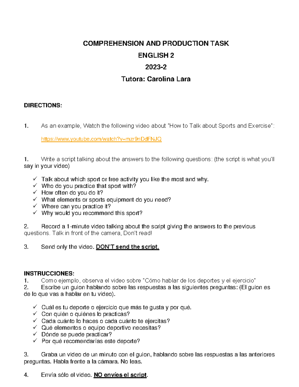 English 2 Comprehension Production Task - COMPREHENSION AND PRODUCTION ...