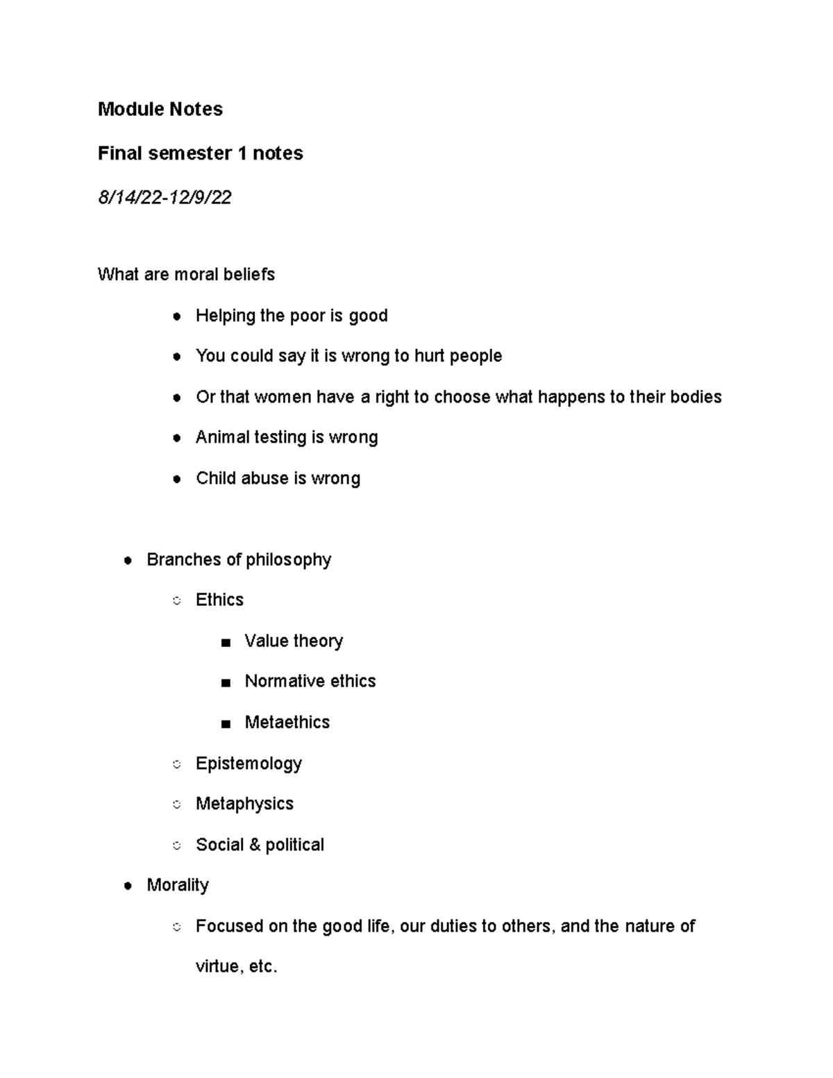 Ethics final notes - Module Notes Final semester 1 notes 8/14/22-12/9 ...