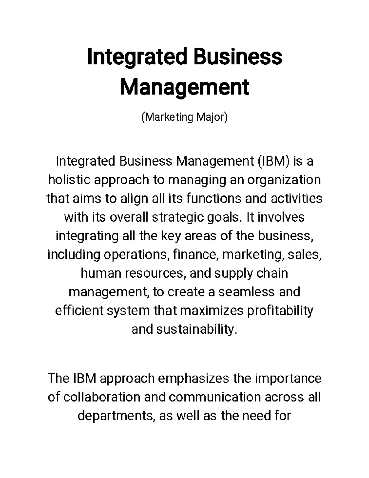 Integrated Business Management (Marketing Major) - Integrated Business Management (Marketing ...