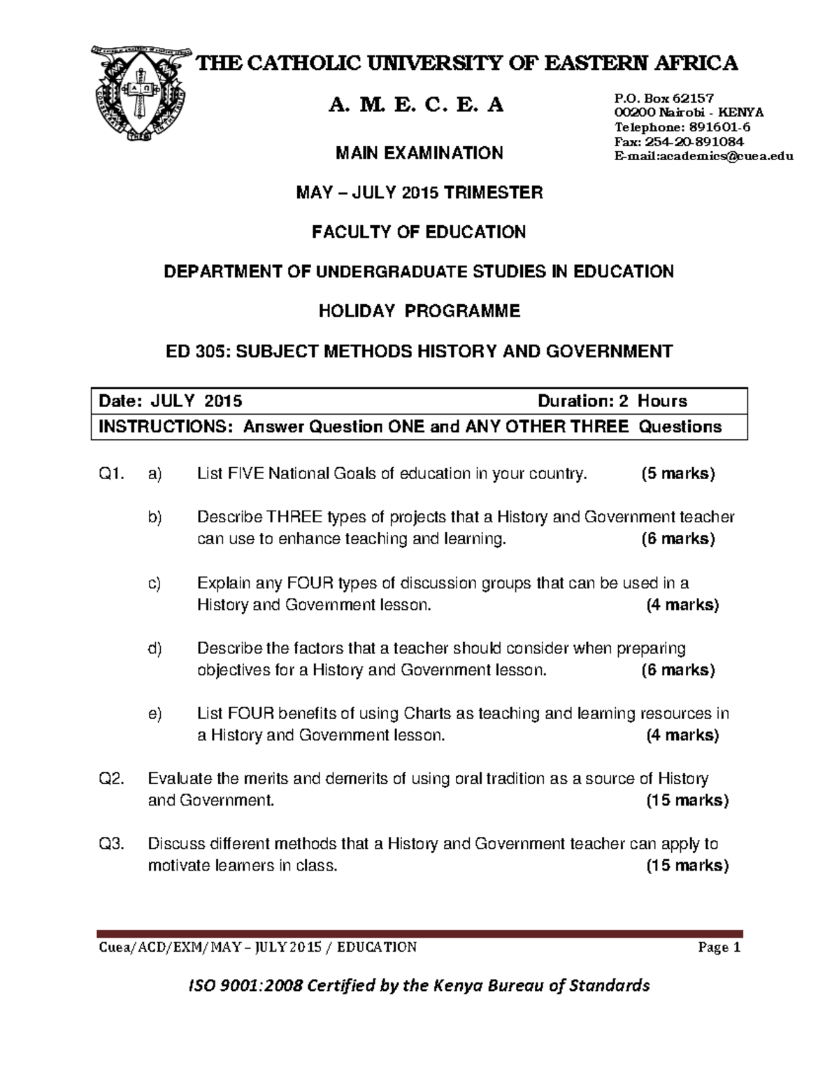 ED 305 SF - Exam for end year - Cuea/ACD/EXM/MAY – JULY 2015 ...
