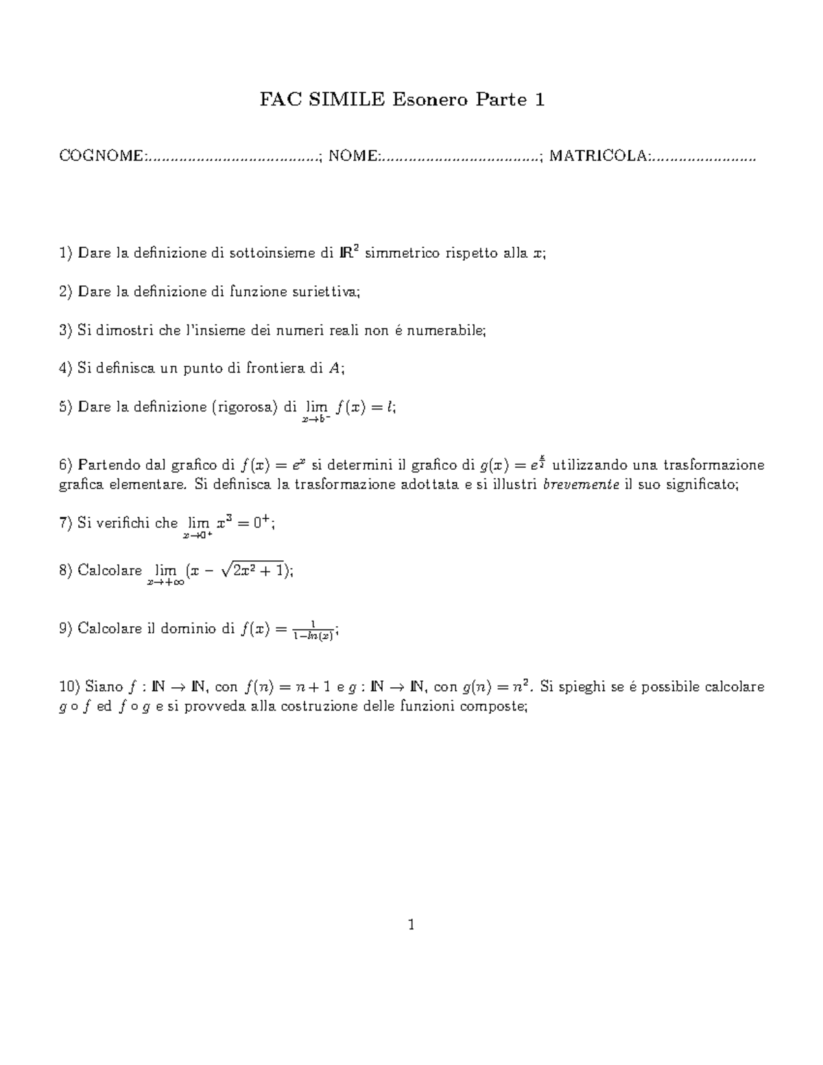 FAC- Simile I Parziale-A - FAC SIMILE Esonero Parte 1 - Studocu