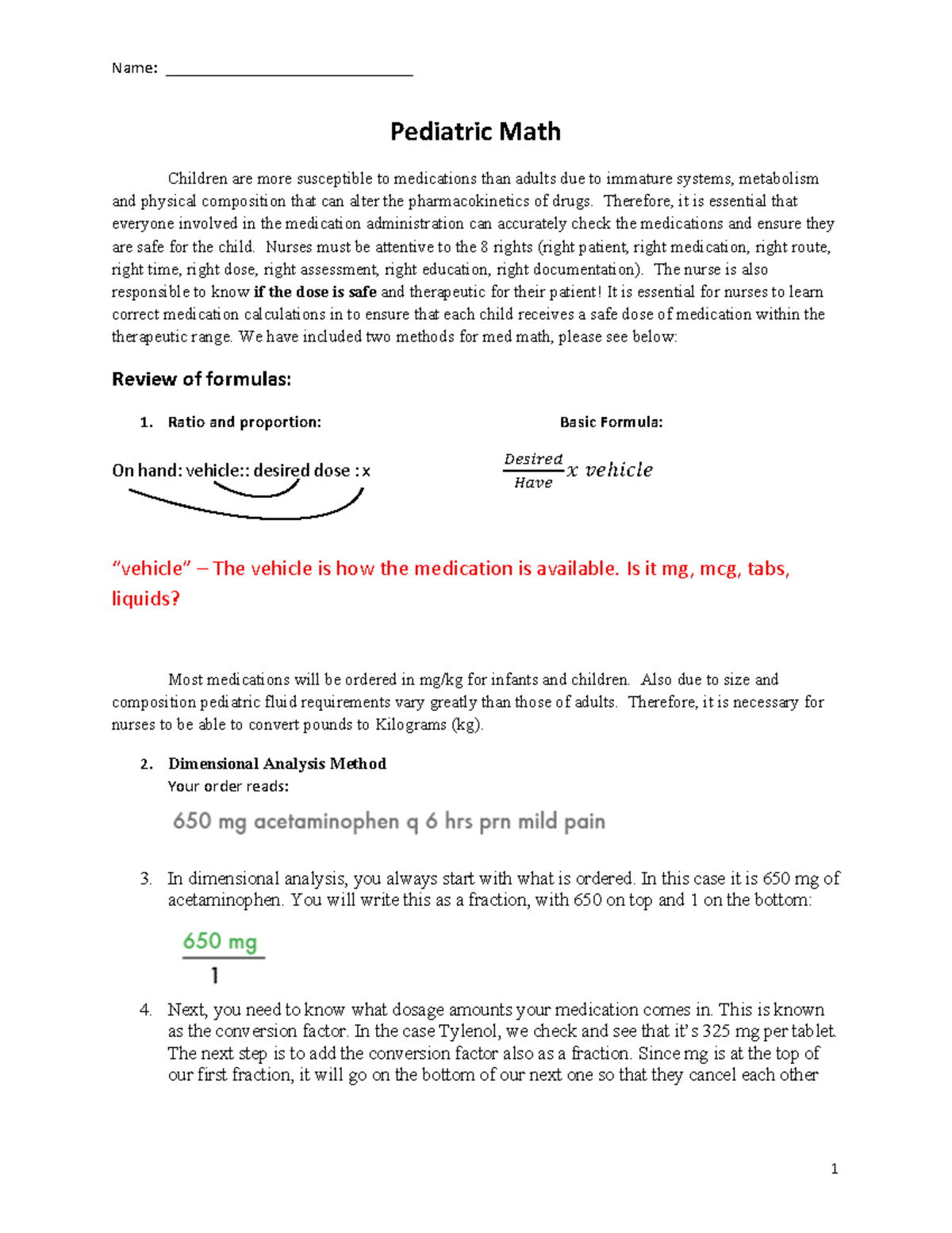 Pedi Math - example - Name: _____________________________ 1 Pediatric ...