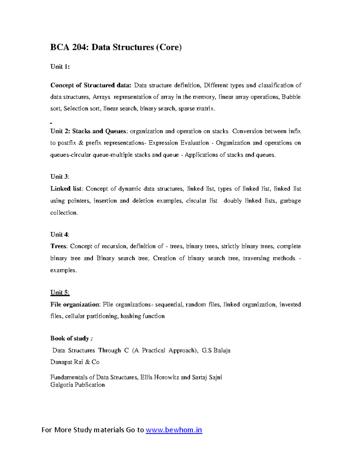 BCA 204 Data Structures - For More Study materials Go to bewhom BCA 204 ...