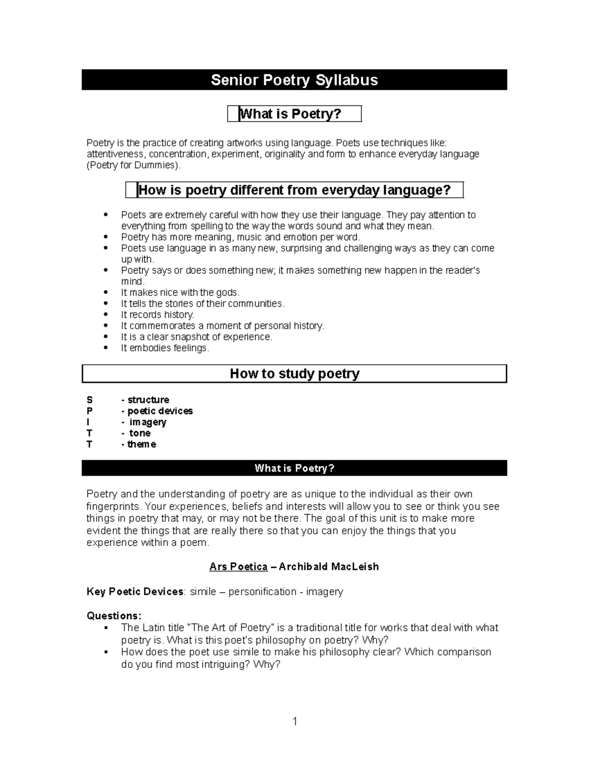 Senior-Poetry-Study-Guide 08 - Senior Poetry Syllabus What is Poetry ...