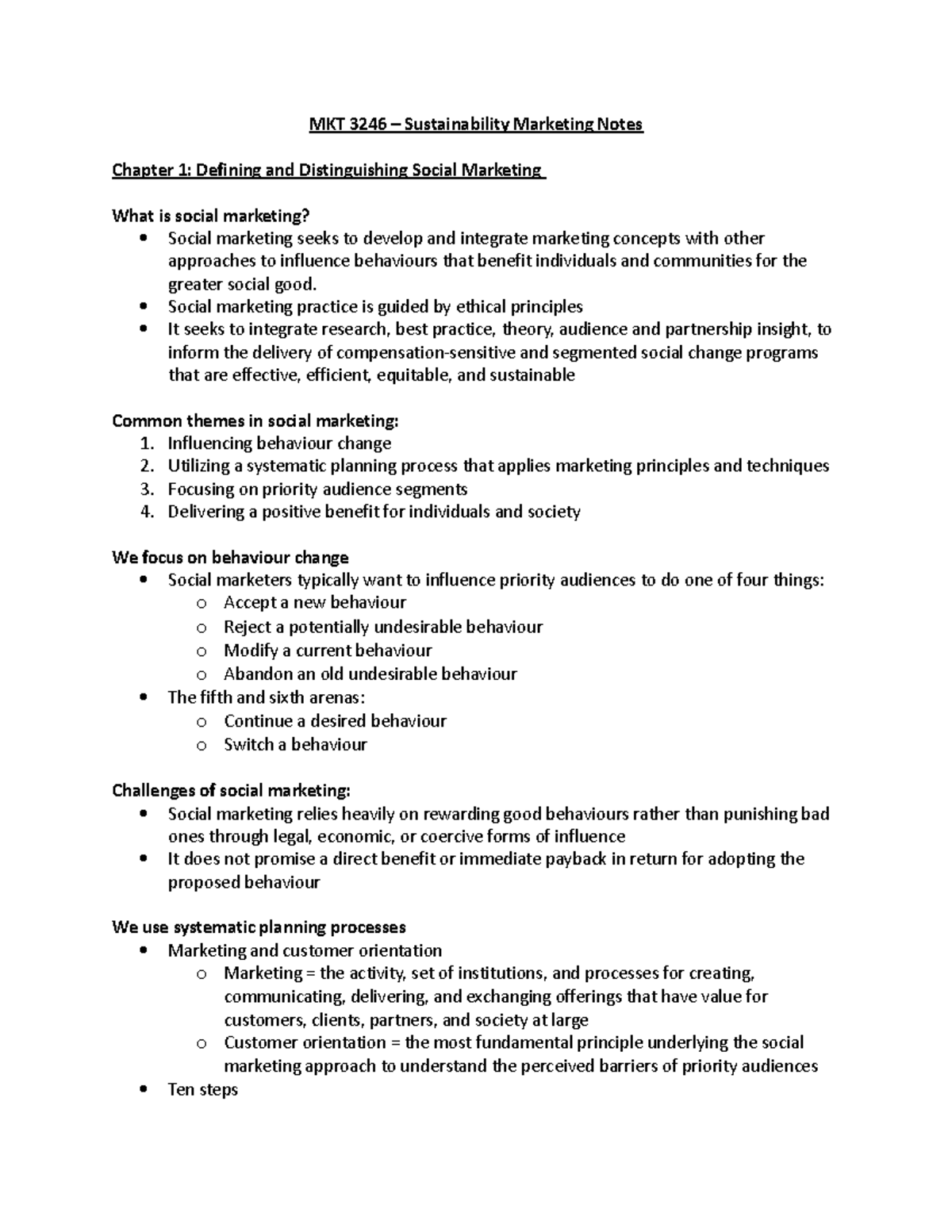 MKT 3246 notes - MKT 3246 – Sustainability Marketing Notes Chapter 1 ...