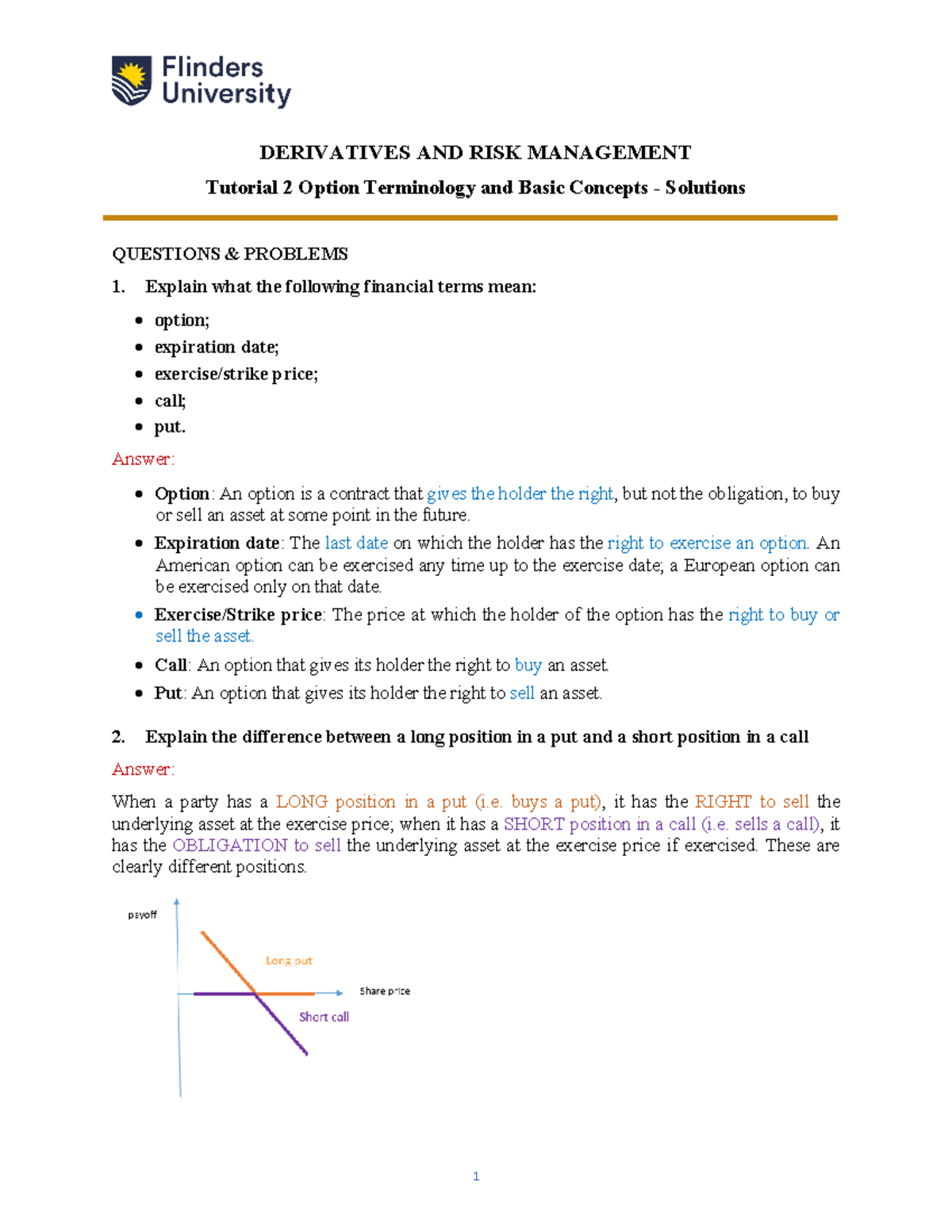 Tutorial 2 Option Terminology and Basic Concepts Solutions - DERIVATIVES AND RISK MANAGEMENT ...