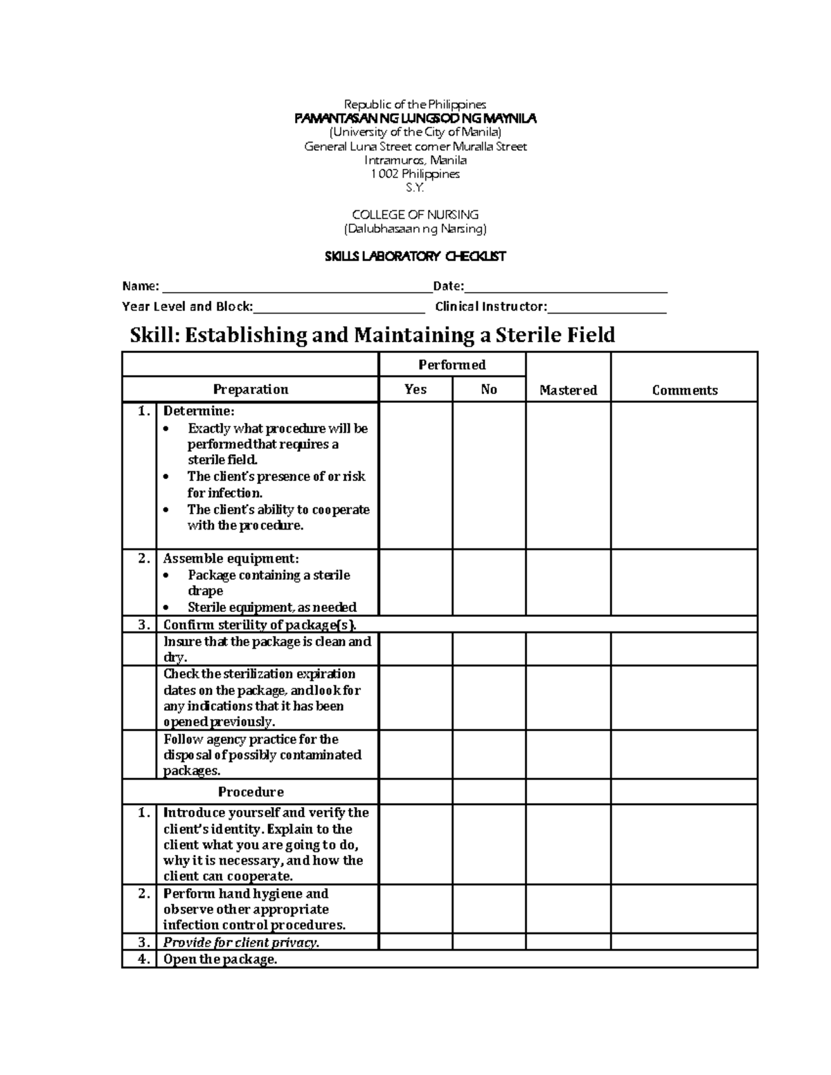 Sterilefield - Retdem checklist - Sterile field - Republic of the ...