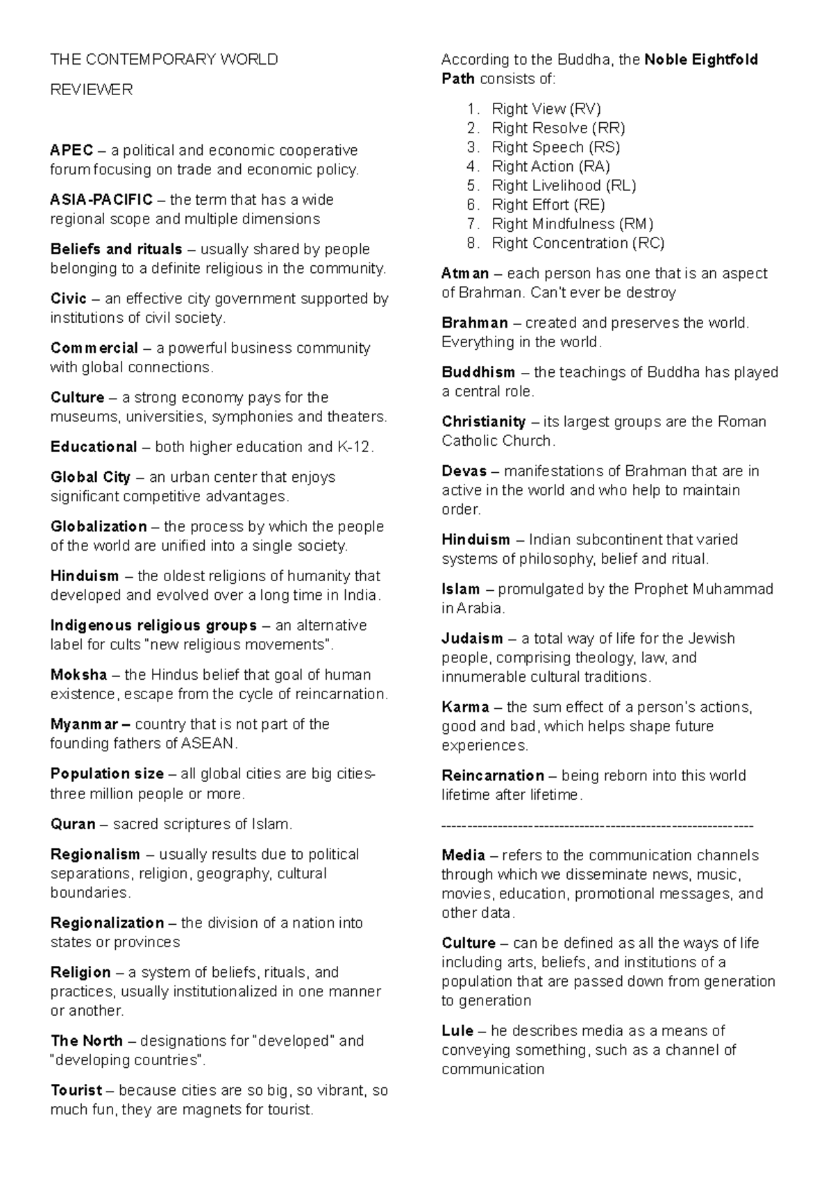 Midterm EXAM Reviewer IN Contemp - THE CONTEMPORARY WORLD REVIEWER APEC ...
