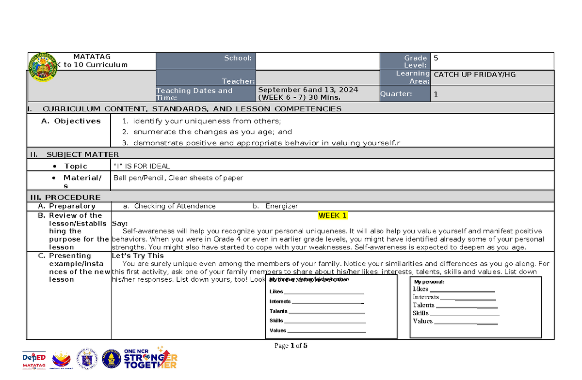 HG Q1 M1 DLP - lecture - I. CURRICULUM CONTENT, STANDARDS, AND LESSON COMPETENCIES A. Objectives ...