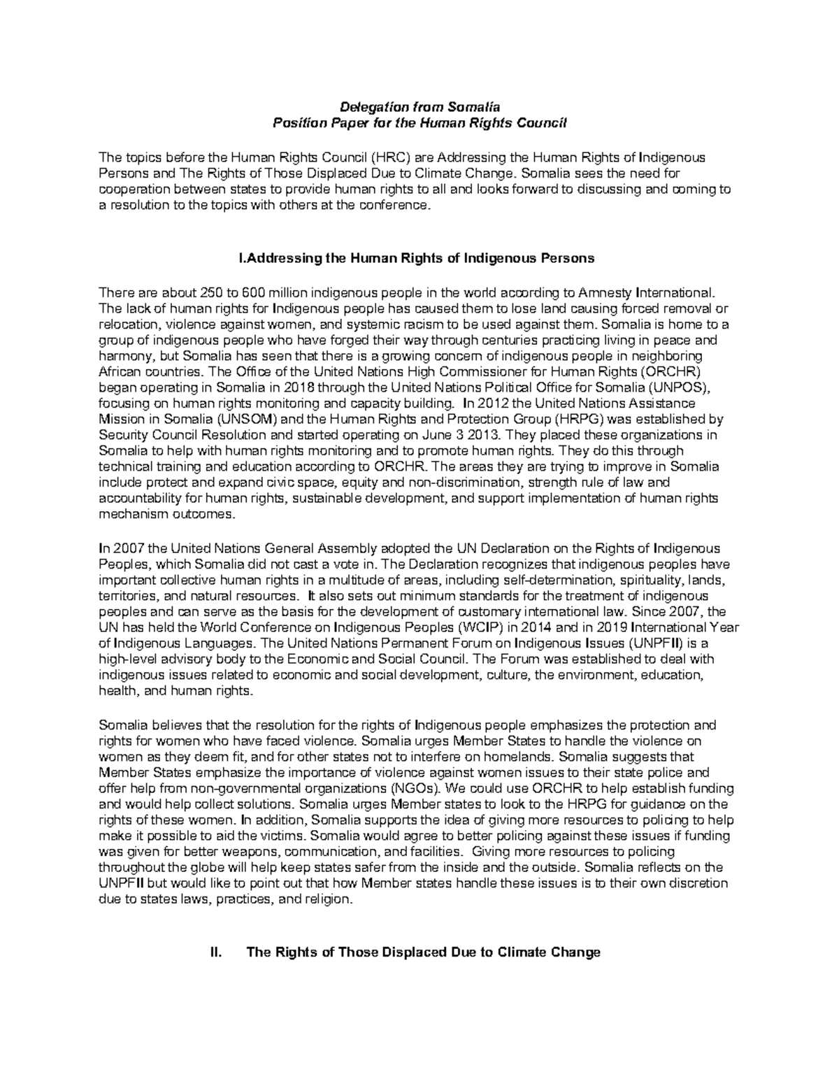 Un position paper - Delegation from Somalia Position Paper for the ...