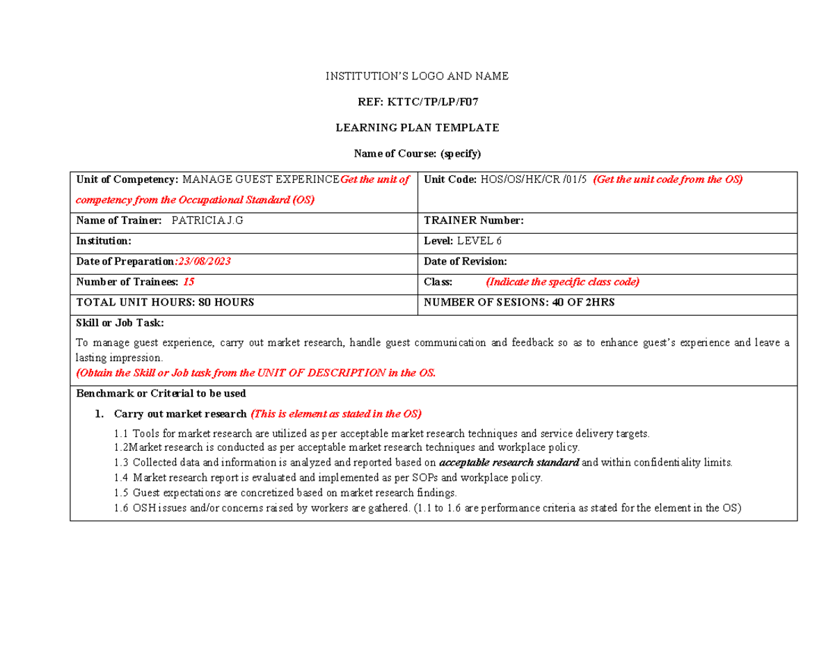Learning Plan Sample - INSTITUTION’S LOGO AND NAME REF: KTTC/TP/LP/F ...