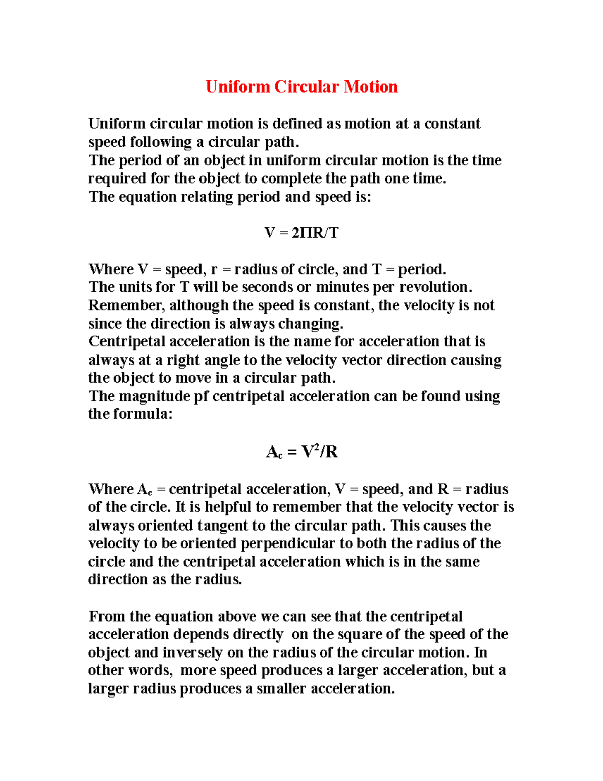 Ch05 Uniform Circular Motion - Uniform Circular Motion Uniform circular ...
