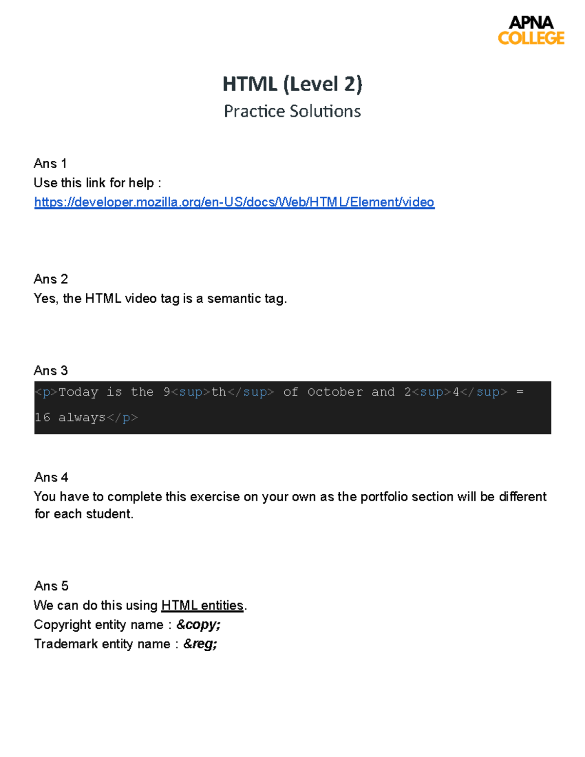 (Ans) HTML Level 2 - HTML (Level 2) Practice Solutions Ans 1 Use this ...