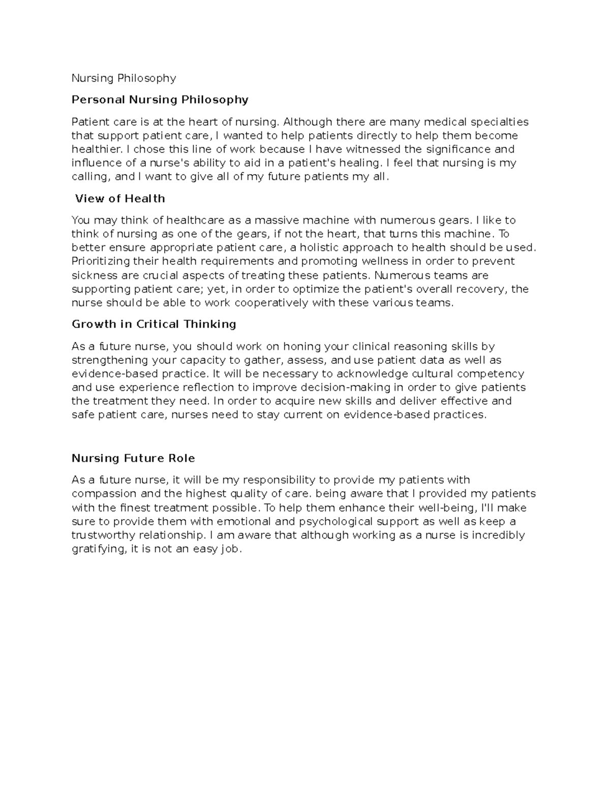 Nursing Philosophy 2 - Nursing Philosophy Personal Nursing Philosophy ...