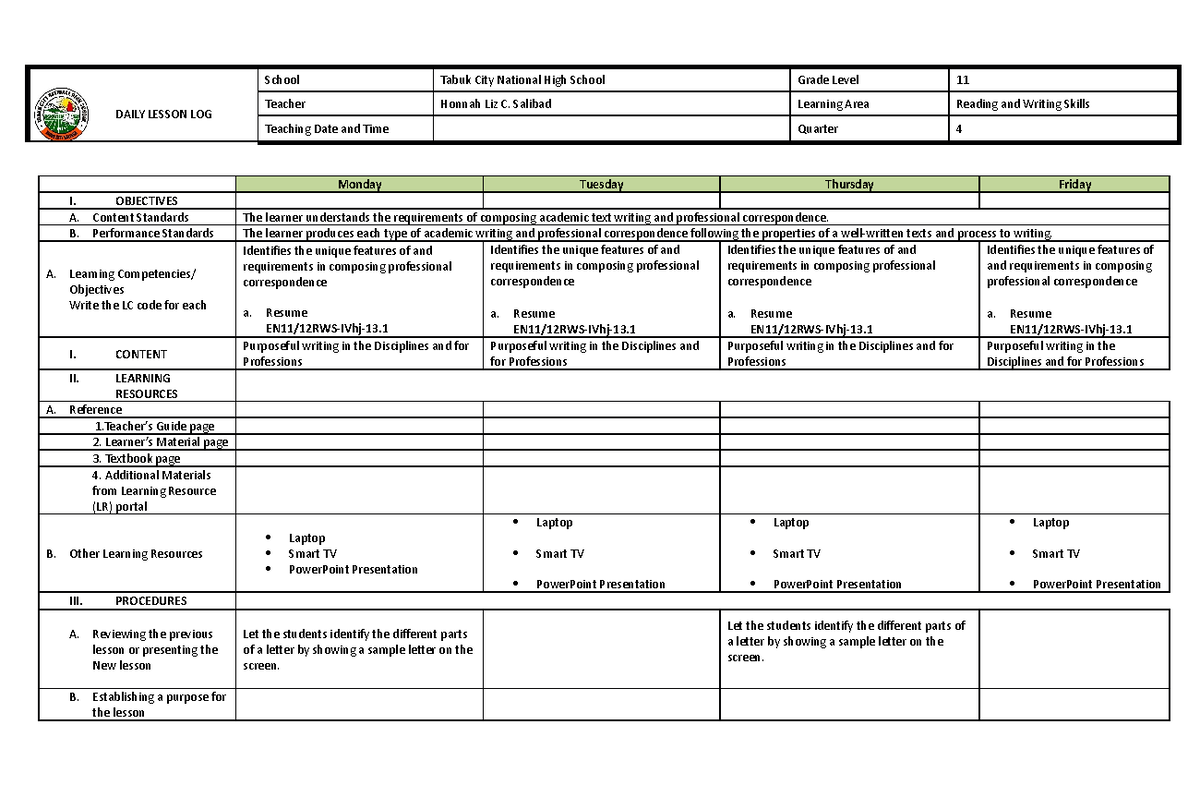 DLL Template - Teacher Education - DAILY LESSON LOG School Tabuk City ...