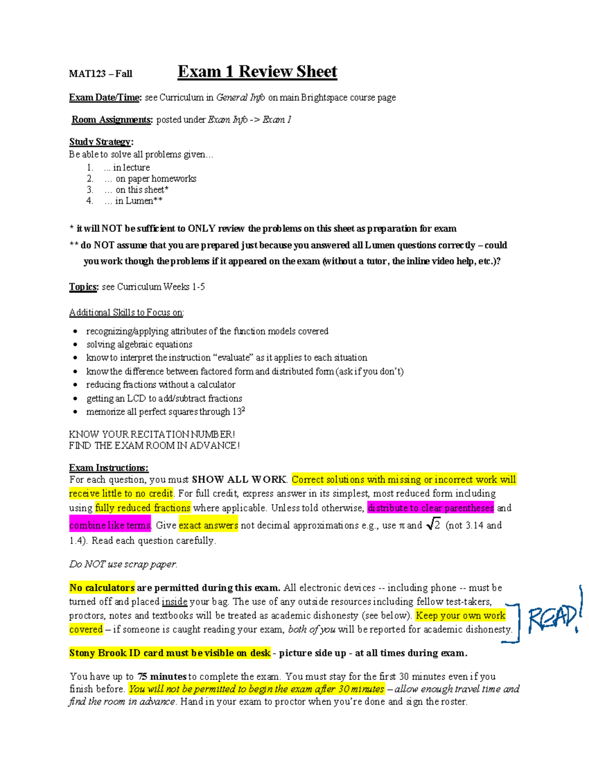 Exam1 Review Sheet - MAT123 – Fall Exam 1 Review Sheet Exam Date/Time: see Curriculum in General ...