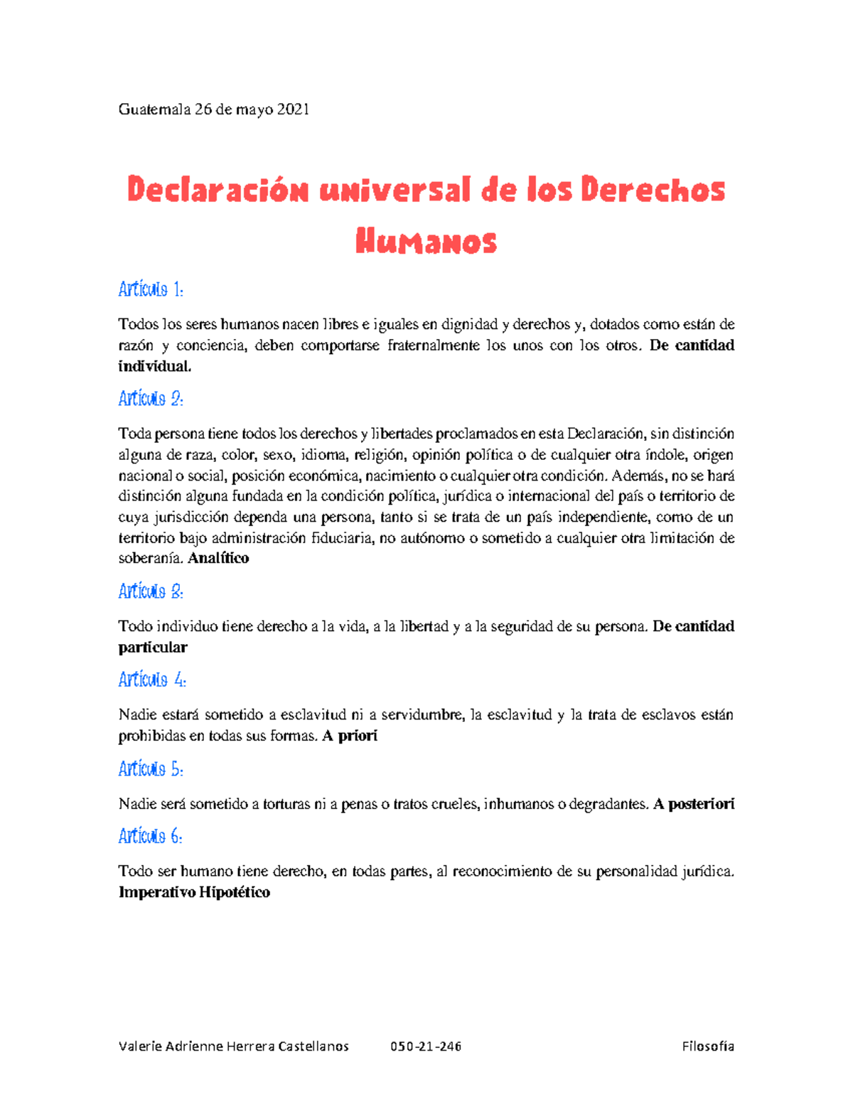 Declaración Universal de los Derechos Humanos ejercicio - Valerie ...