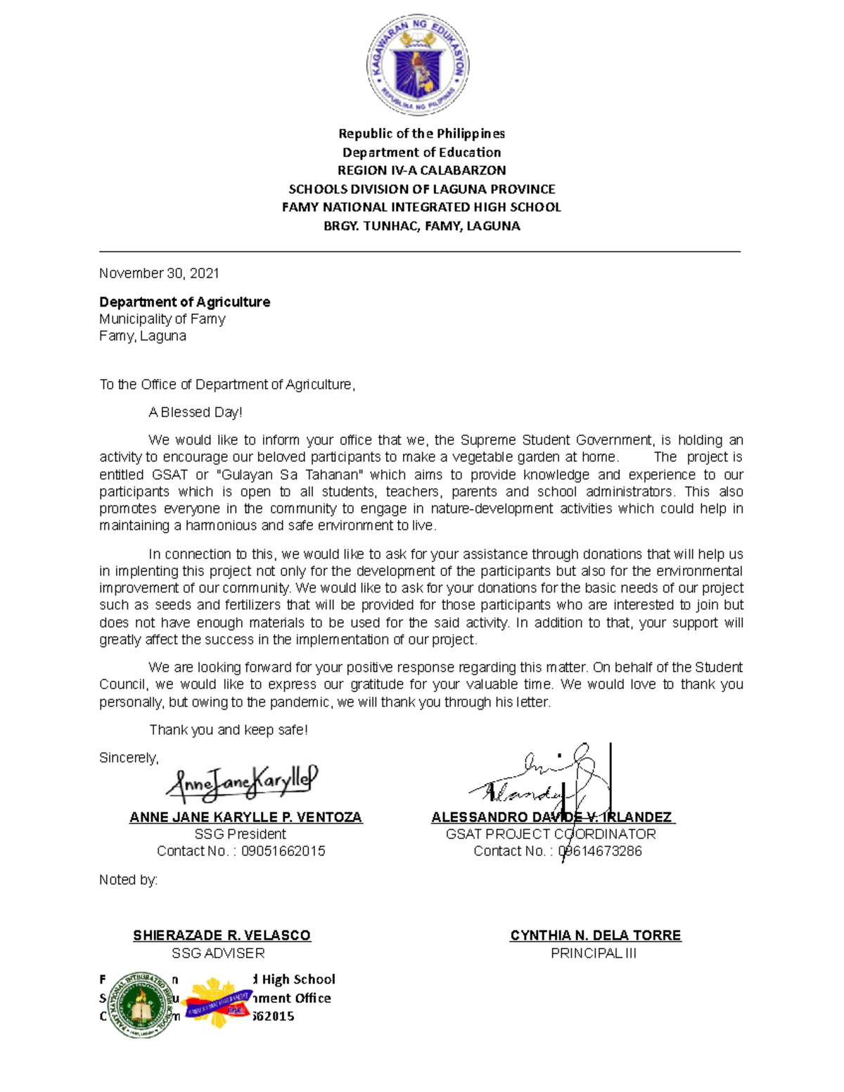Request Letter For The Department Of Agriculture Famy Republic Of