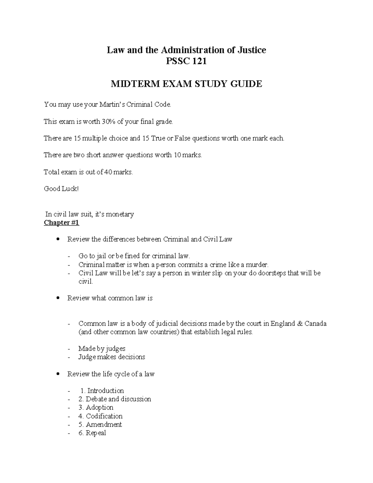 2023 MID-TERM Study Guide - Law and the Administration of Justice PSSC ...