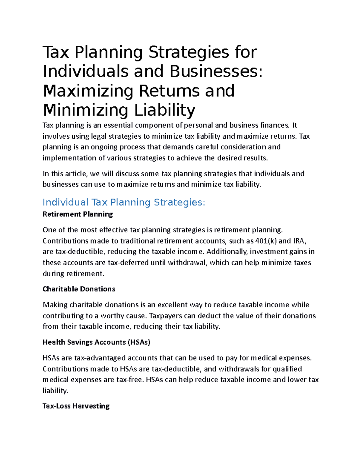 Tax Planning Strategies for Individuals and Businesses - Tax Planning ...
