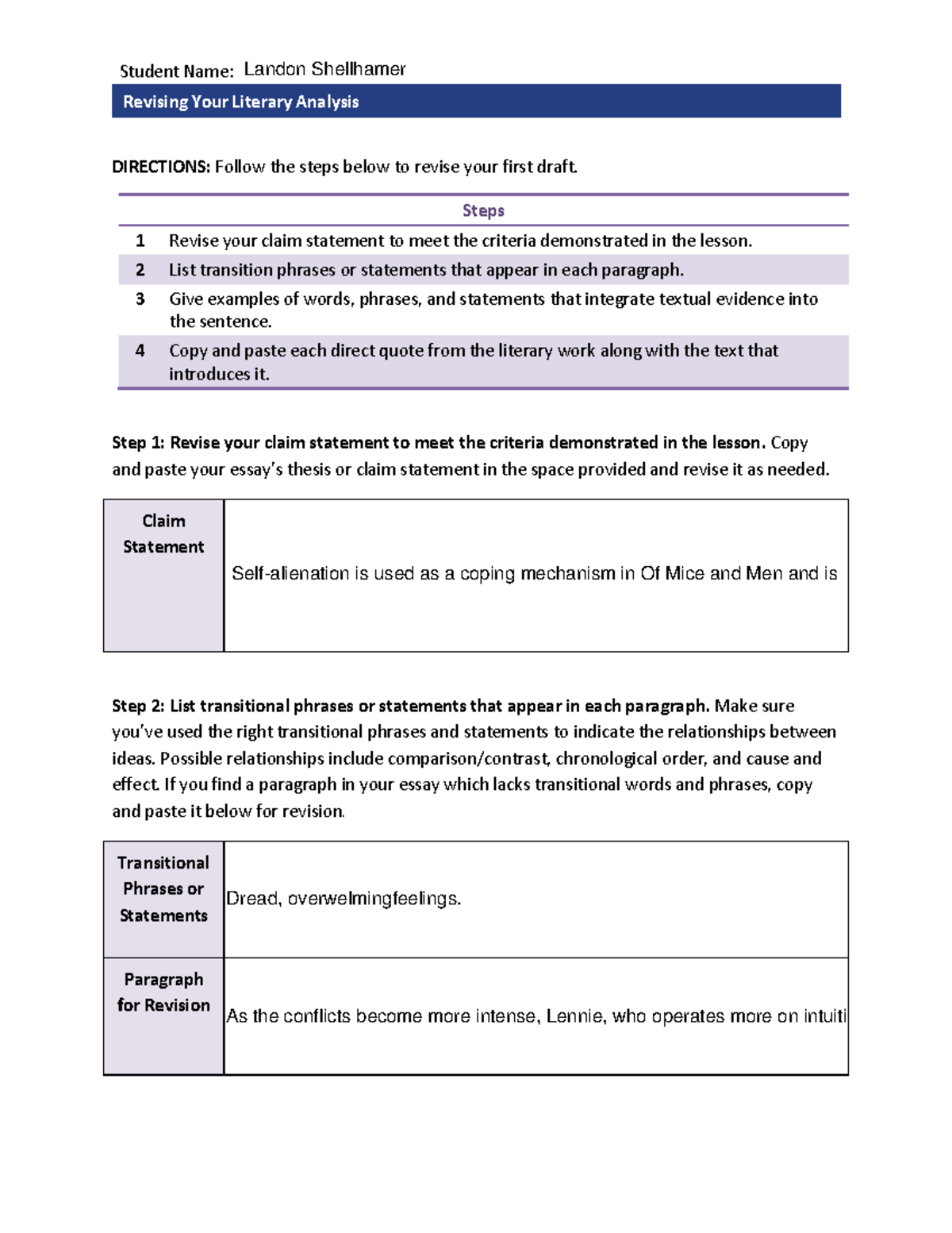 LO 7 7 Literary Analysis Worksheet - Revising Your Literary Analysis ...