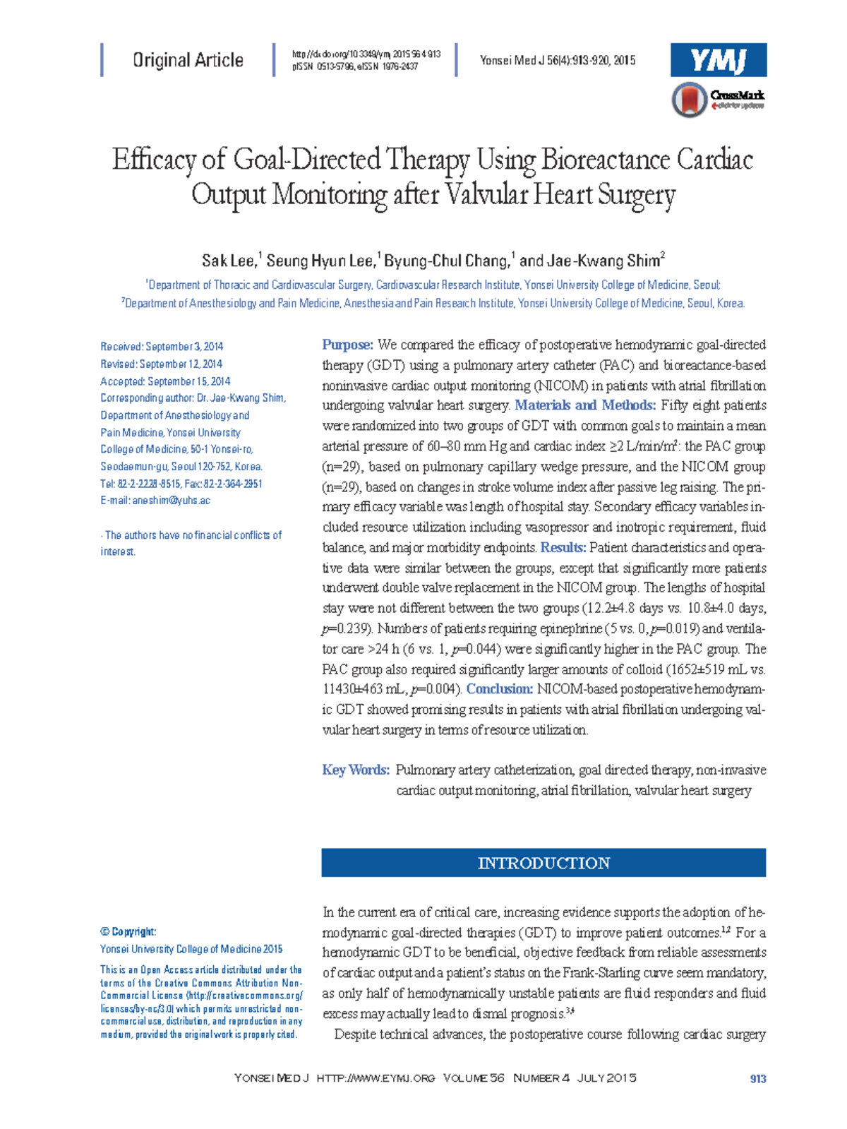 Efficacy of Goal-Directed Therapy Using Bioreactance Cardiac Output ...
