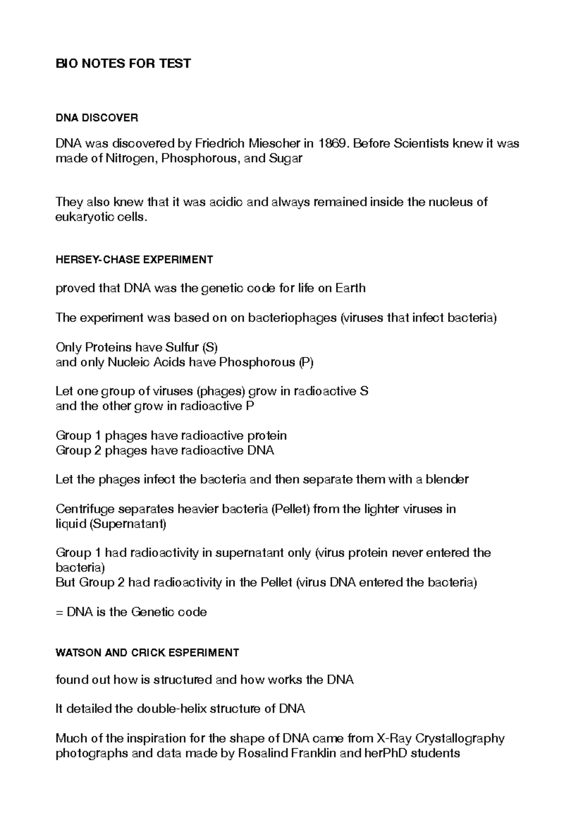 Biology exam 5 notes ib - BIO NOTES FOR TEST DNA DISCOVER DNA was ...