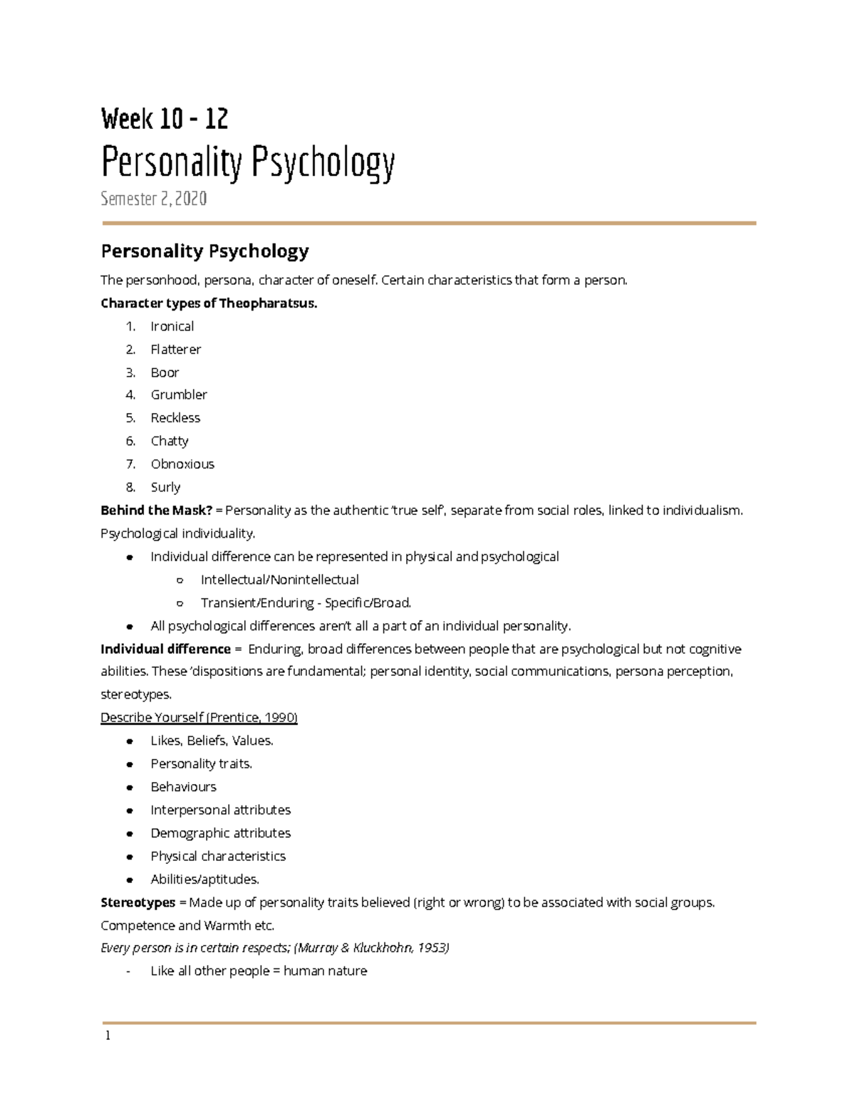 Personality Psychology Notes - PSYC10004 - Unimelb - Studocu